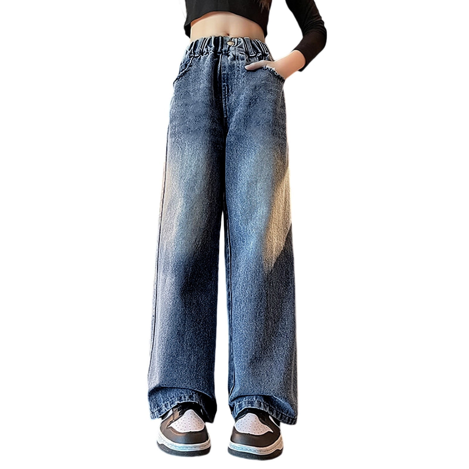 FINALGANG Girls' Pants Kids Washed Loose Fit Denim Pants Elastic ...