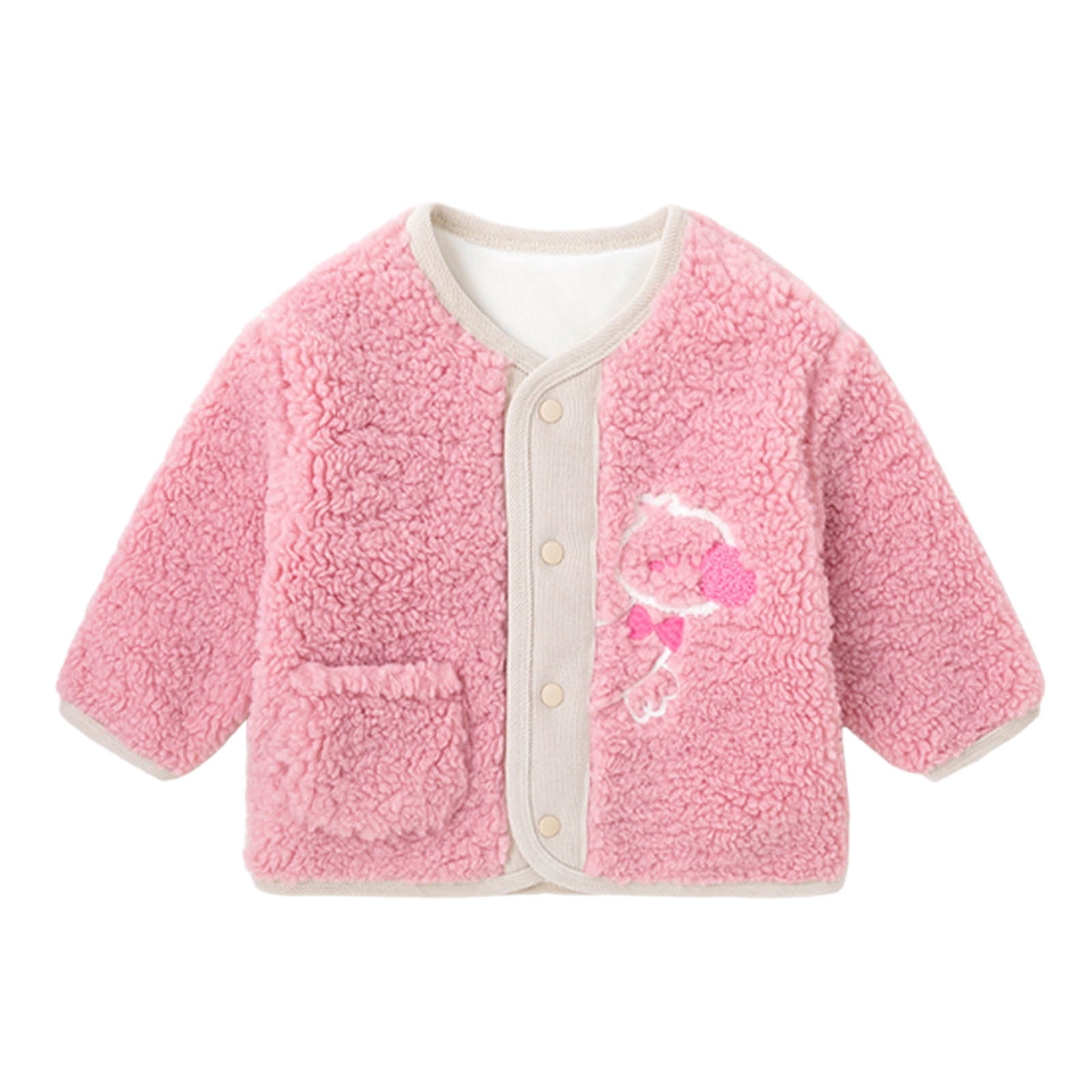 FINALGANG Girls Plush Jacket Thick Cartoon Embroidery Long Sleeve V ...