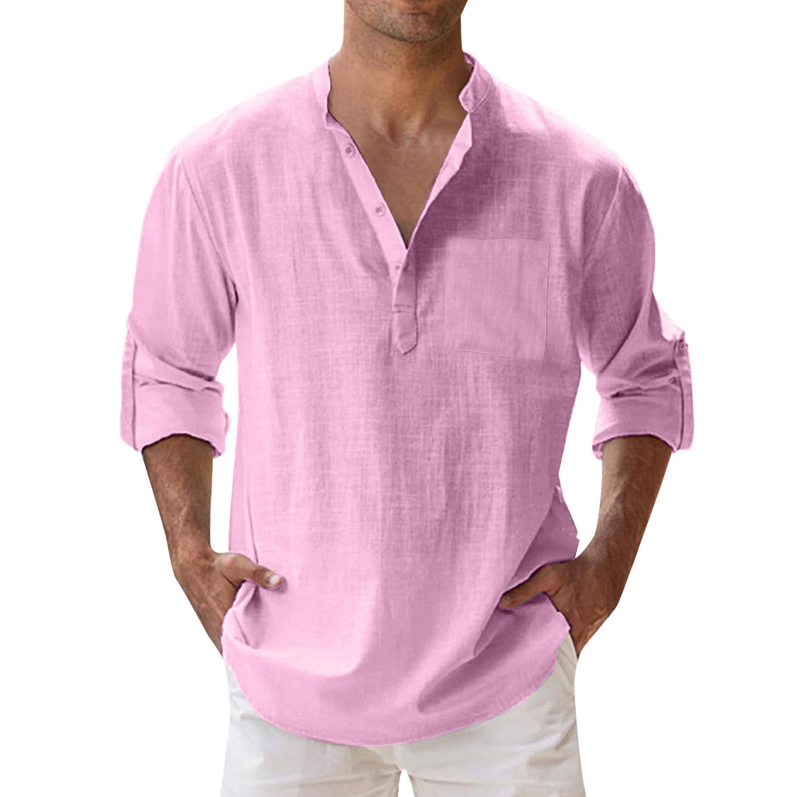 FINALGANG Men Summer Shirt Solid Color 3/4 Sleeve Stand Collar Buttons ...
