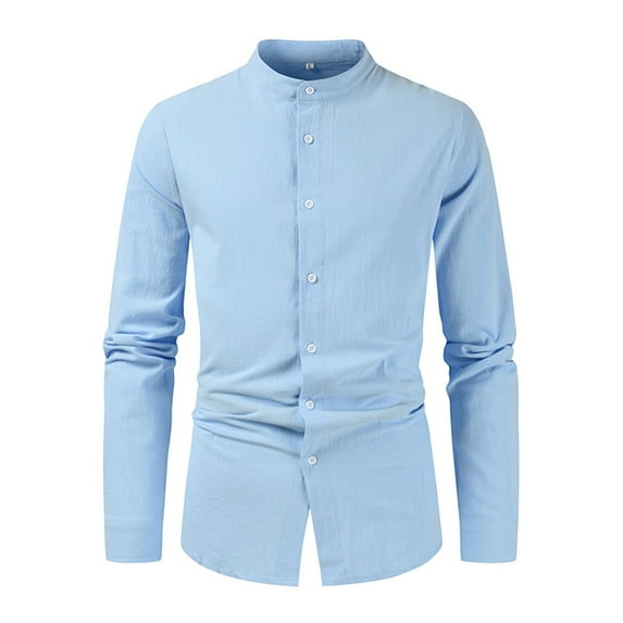 FINALGANG Men Summer Shirt Solid Color Long Sleeve Stand Collar Buttons Down Shirts Stylish ...