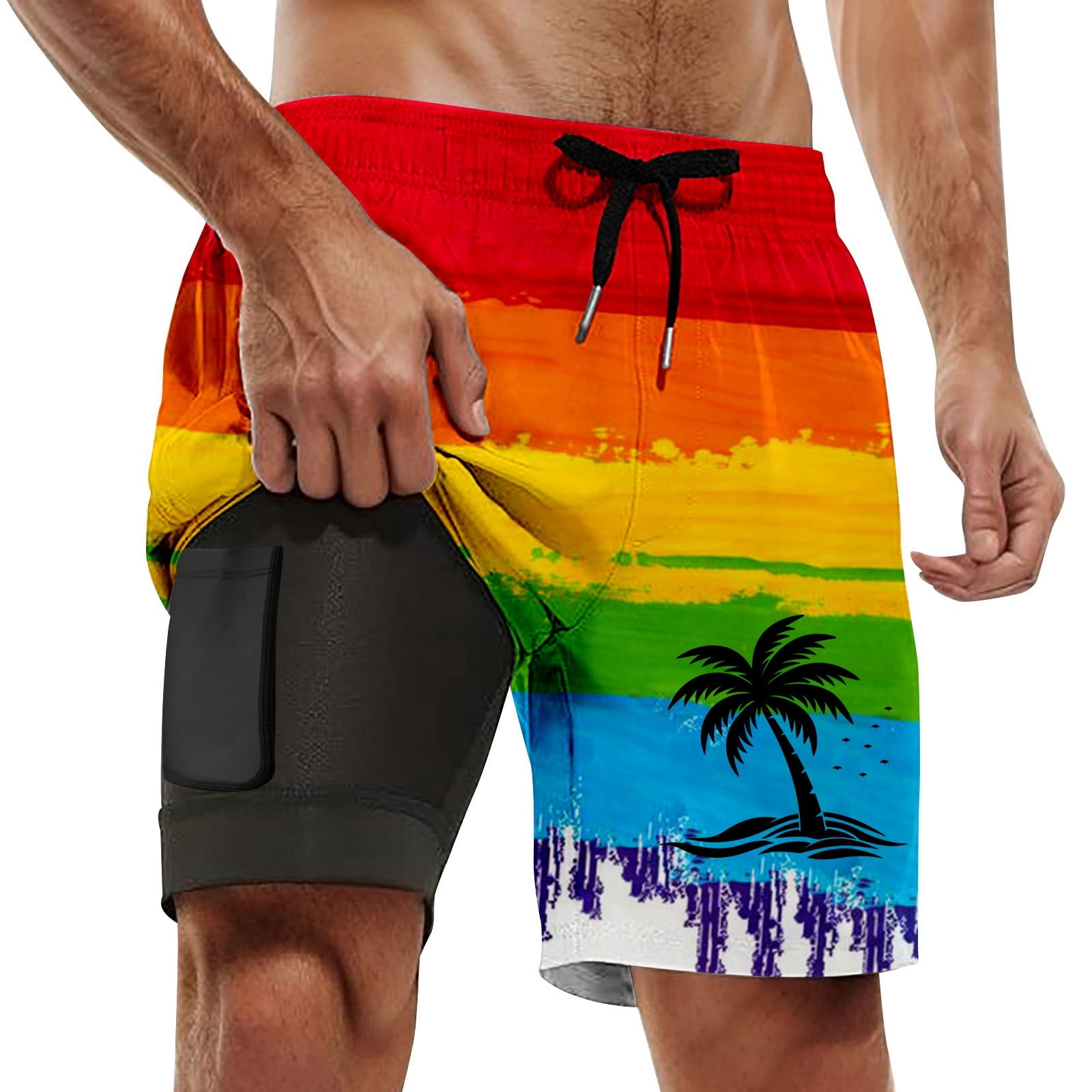 FINALGANG Men's Beach Shorts Gradient Color Double-Layer Swim Trunks ...
