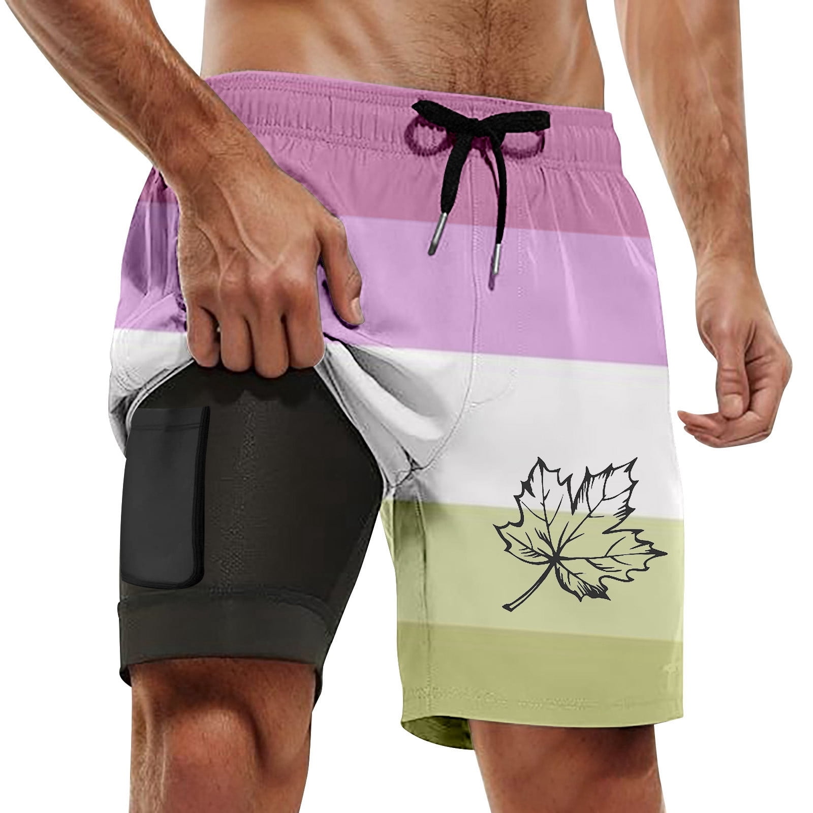 FINALGANG Men's Beach Shorts Gradient Stripe Double-Layer Swim Trunks ...