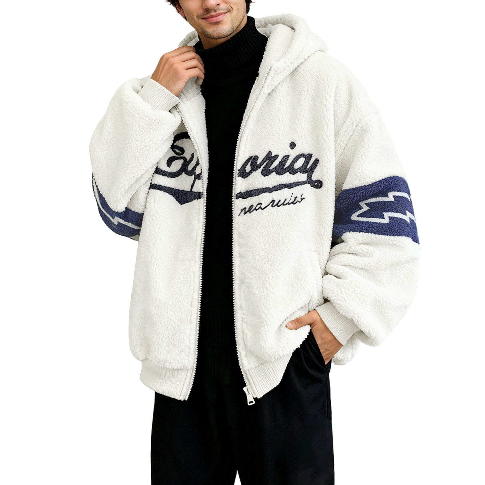 FINALGANG Men's Coat Oversized Color Block Plush Hooded Jacket Letter ...