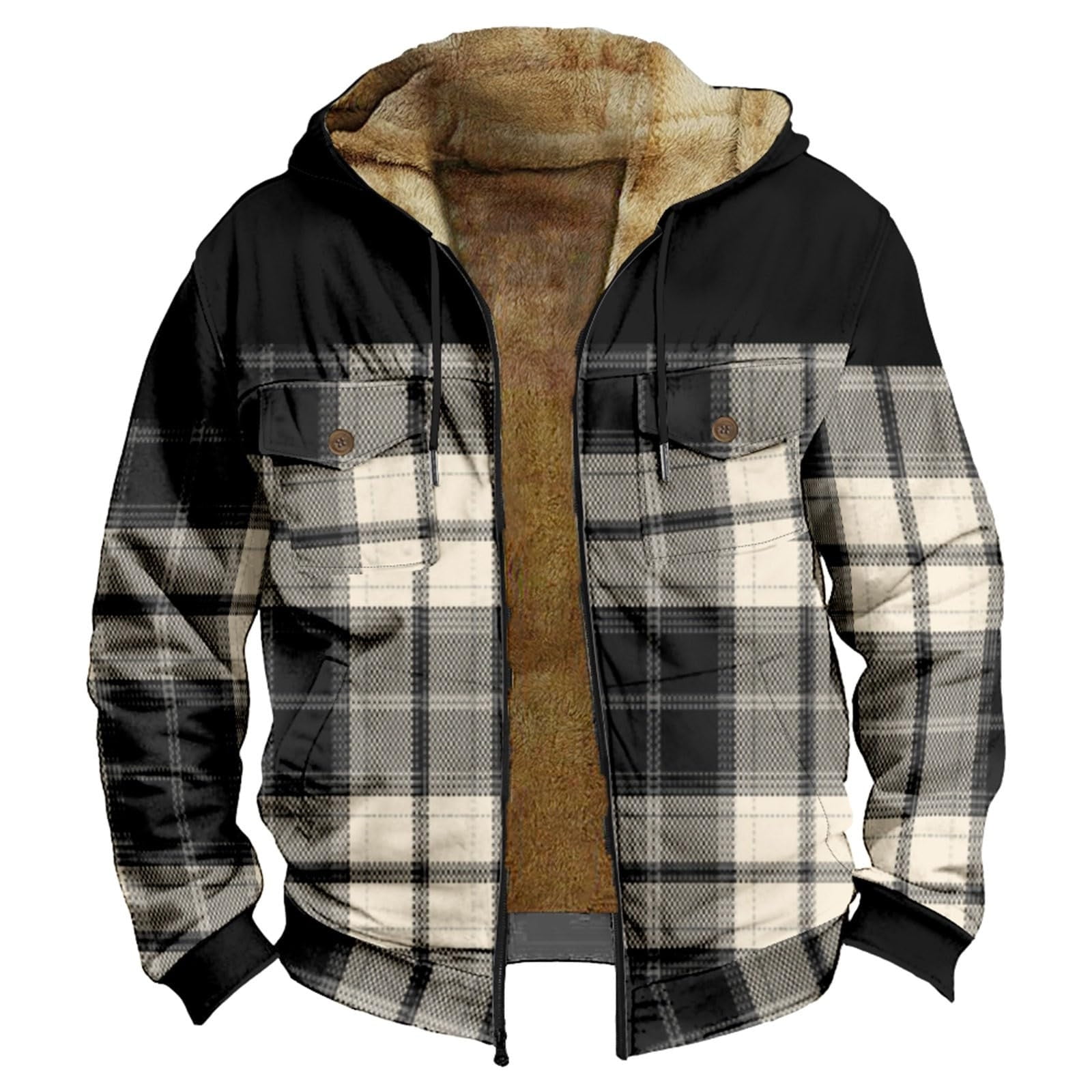 FINALGANG Men's Coat Plaid Print Plush Lined Hooded Jacket Color Block ...