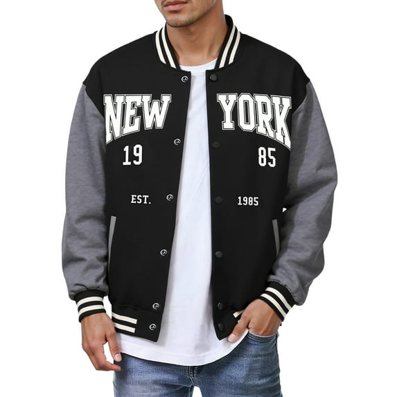 FINALGANG Men's Coat Retro Letter Print Varsity Jacket Color Block Long ...
