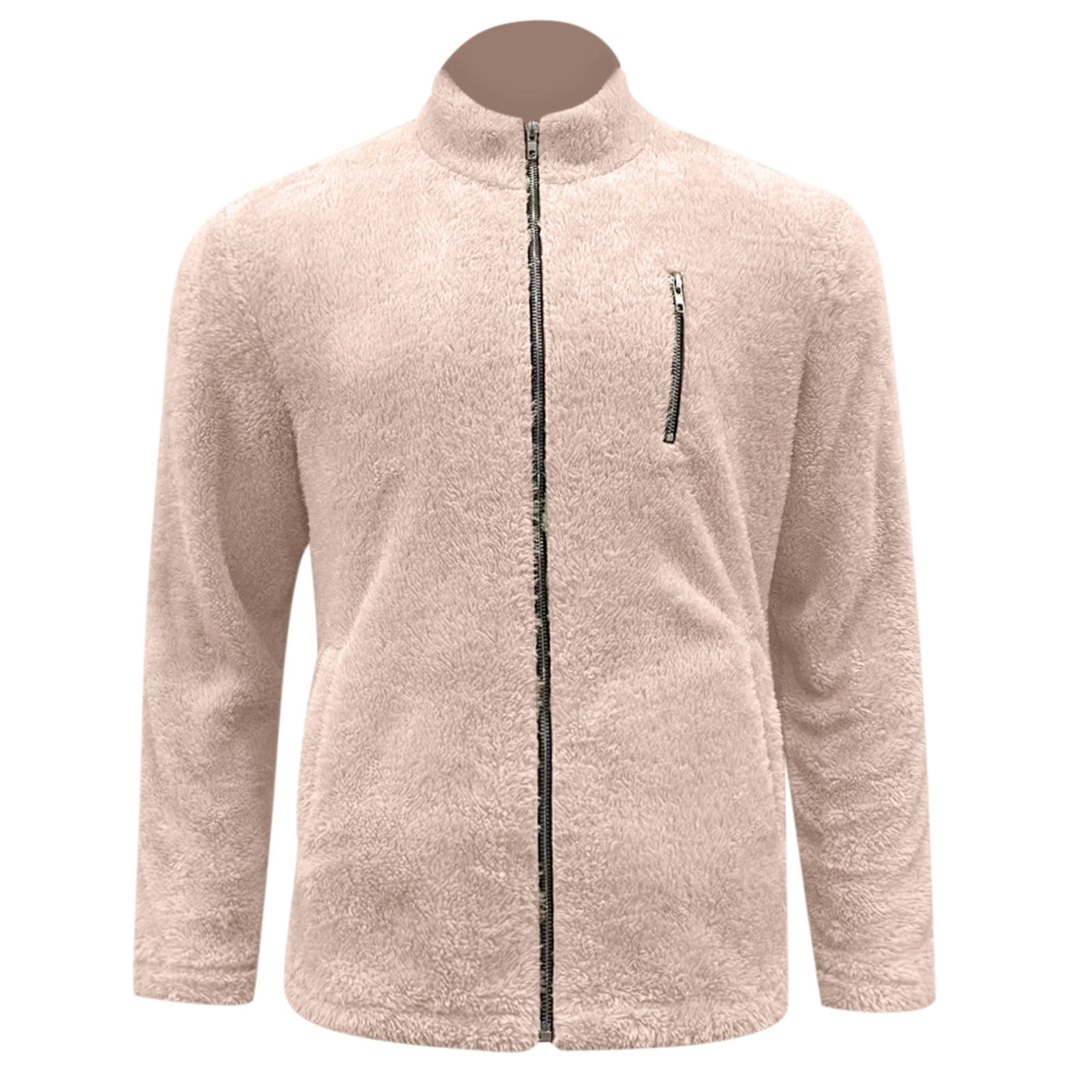 FINALGANG Men's Coat Solid Color Plush Full Zip Jacket Stand Collar ...