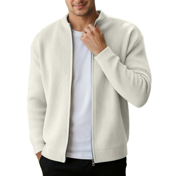 FINALGANG Men's Coat Solid Color Ribbed Knit Bomber Jacket Long Sleeve ...