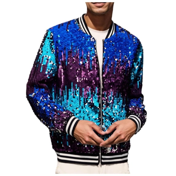 FINALGANG Men's Coat Sparkly Sequin Long Sleeve Bomber Jacket Colordul ...