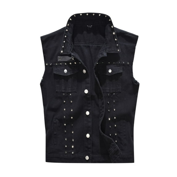 FINALGANG Men's Denim Vest Solid Color Sleeveless Vest With Studded ...
