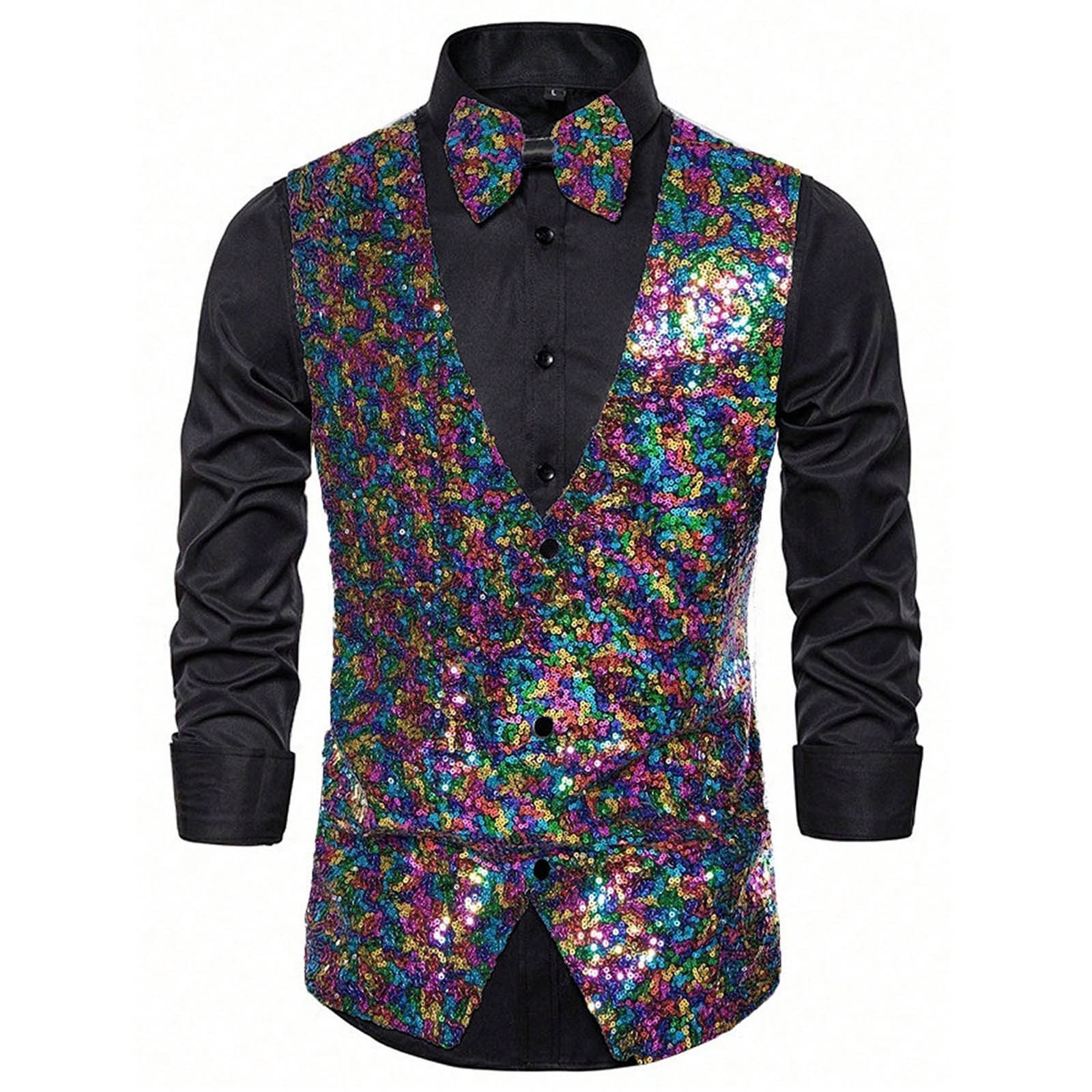 FINALGANG Men's Sequin Sleeveless Vest With Bow Tie Set Solid Color ...