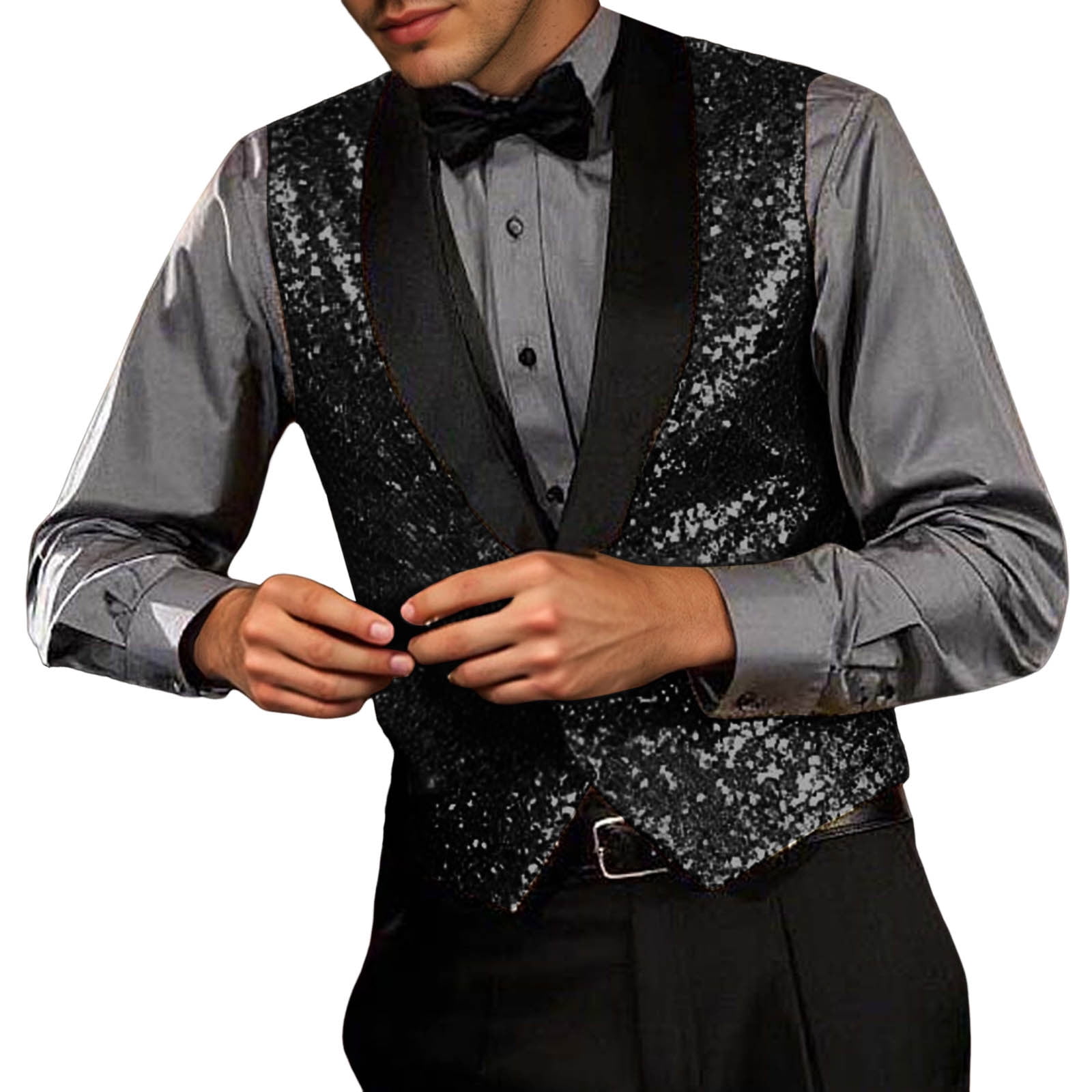 FINALGANG Men's Sequin Sleeveless Vest With Bow Tie Set Solid Color ...