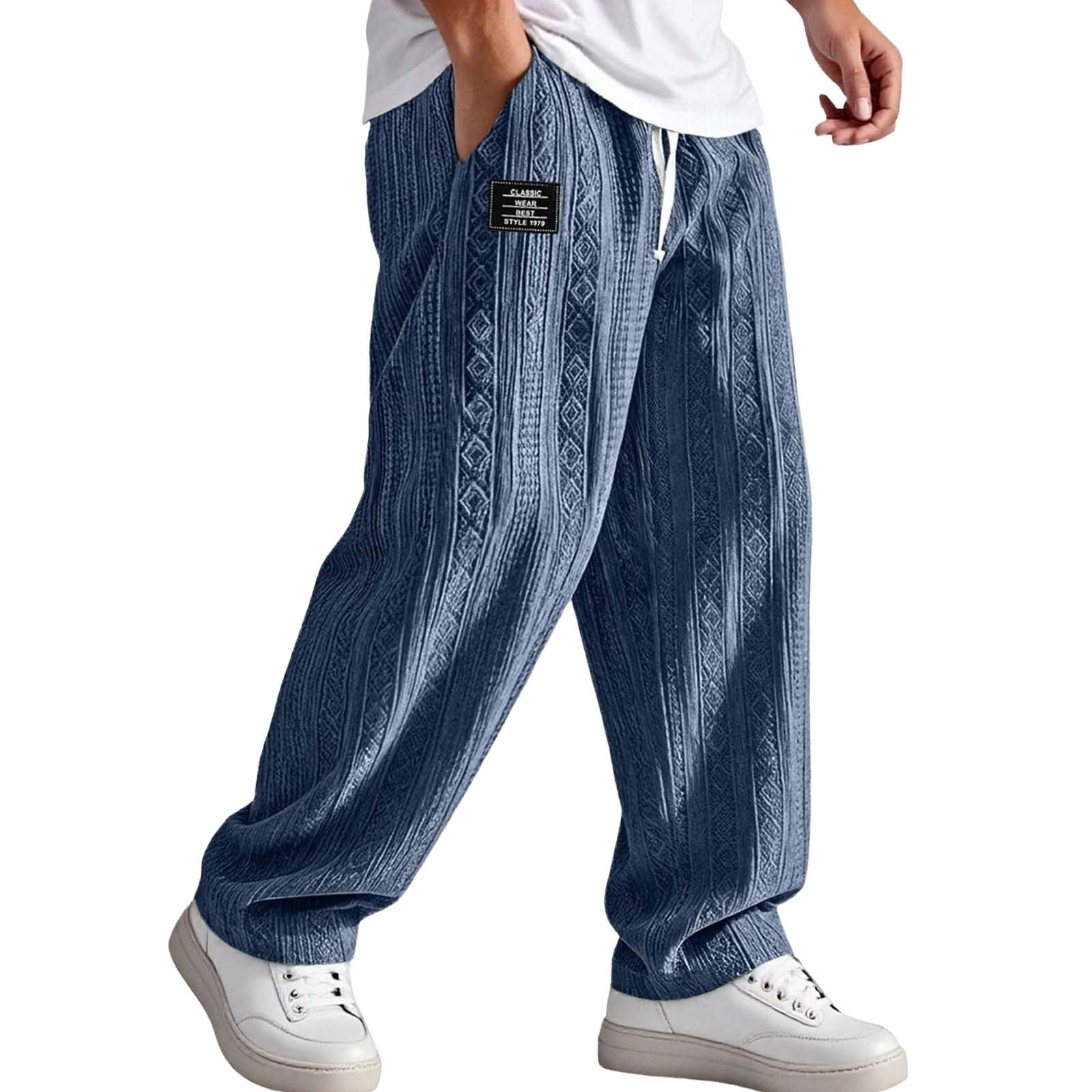 FINALGANG Mens Solid Color Cable Knit Textured Pants Elastic Waist ...
