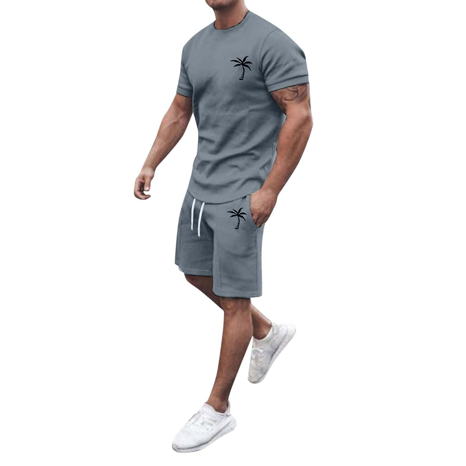 FINALGANG Simple Outfits For Men Coconut Tree Print Short Sleeve O-Neck ...