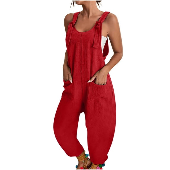 FINALGANG Women Casual Jumpsuit Solid Color O-Neck Sleeveless Onesie ...