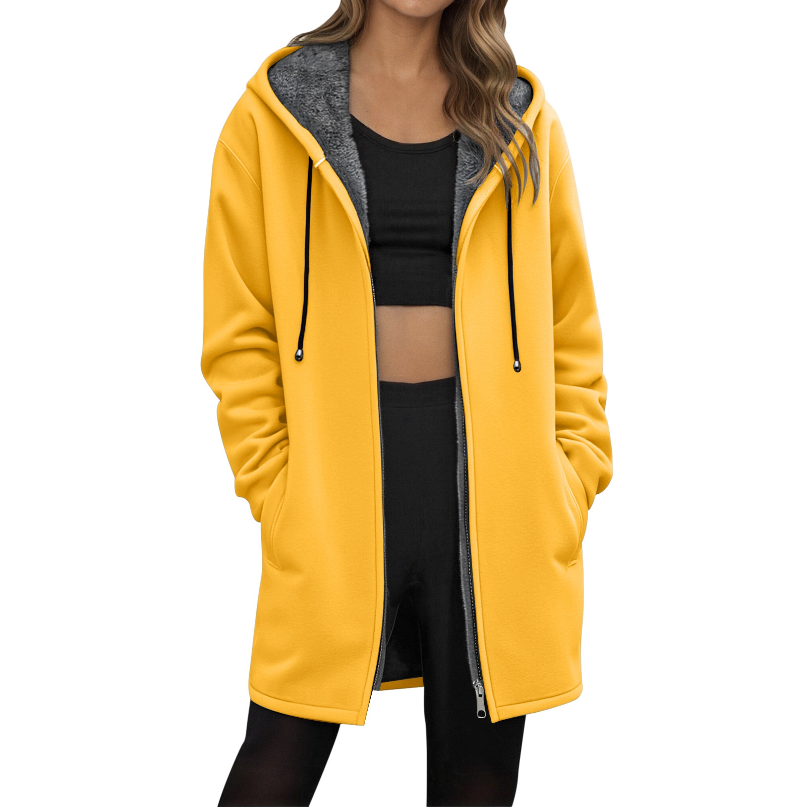 FINALGANG Women Plush Jackets Warm Solid Color Long Sleeve Hooded Zip ...