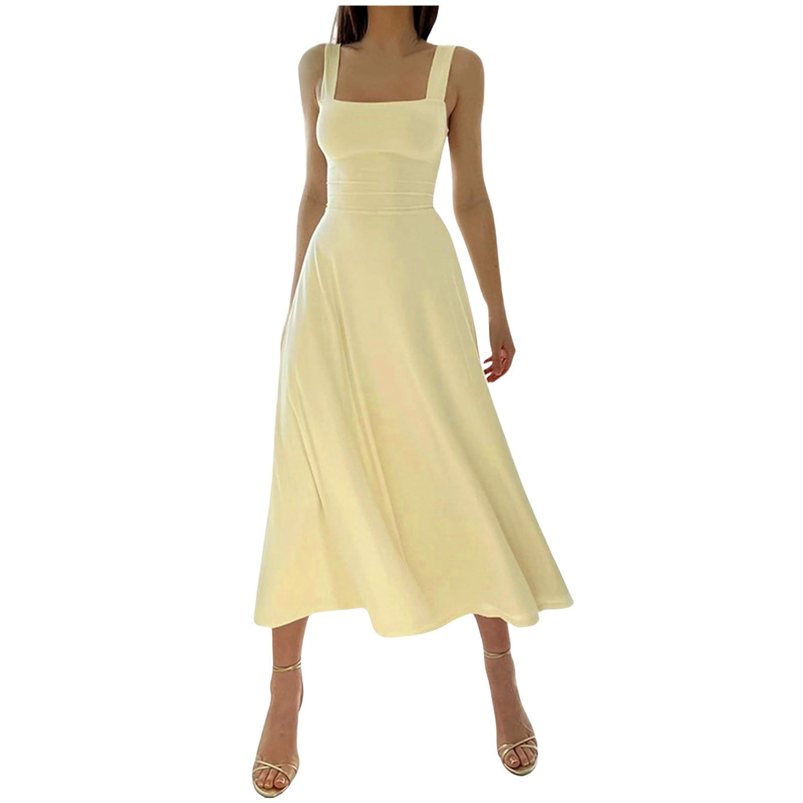 FINALGANG Women Versatile Dress Solid Color Square Collar Sleeveless ...
