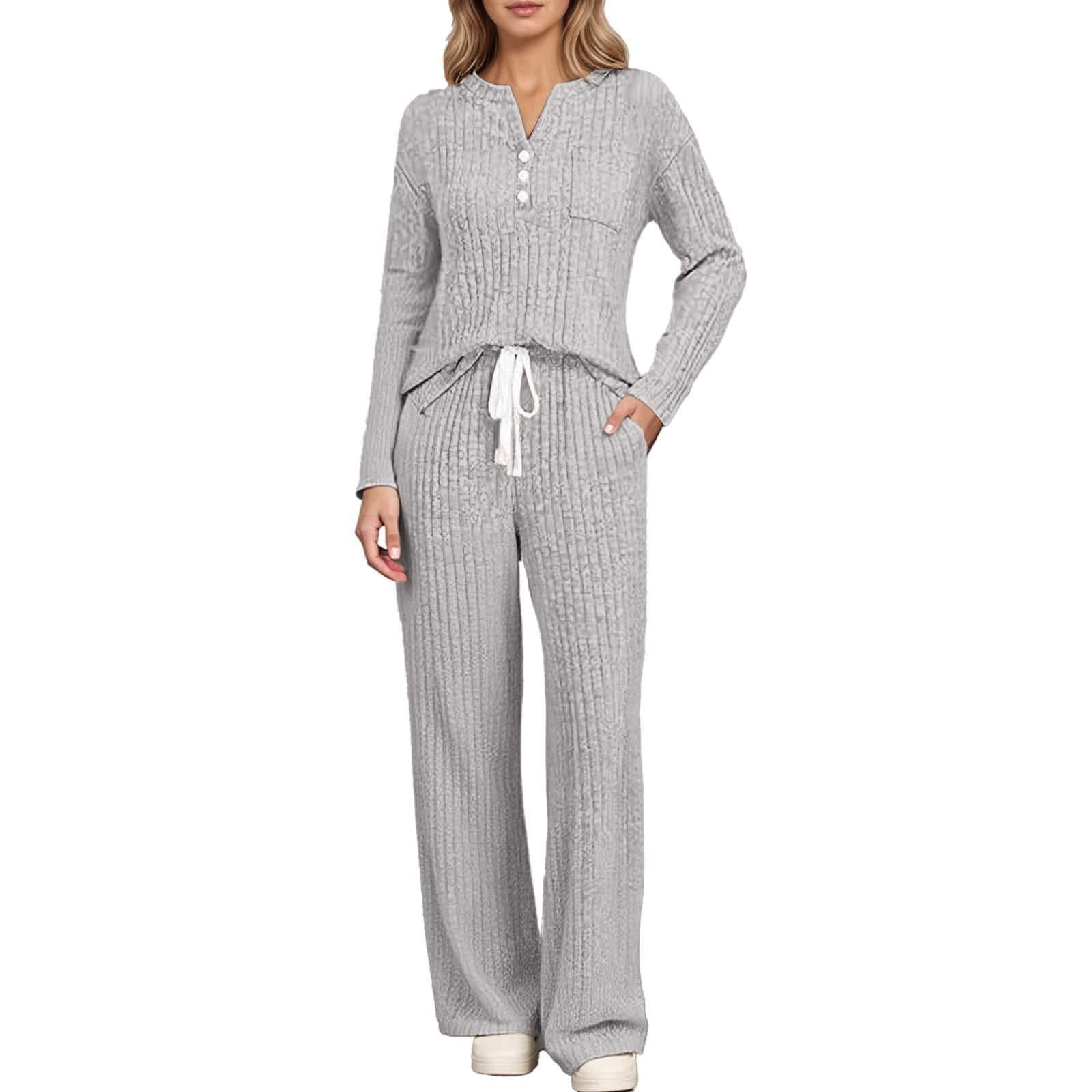FINALGANG Women's 2 Piece Loungewear Outfit Solid Color Knit Homewear ...