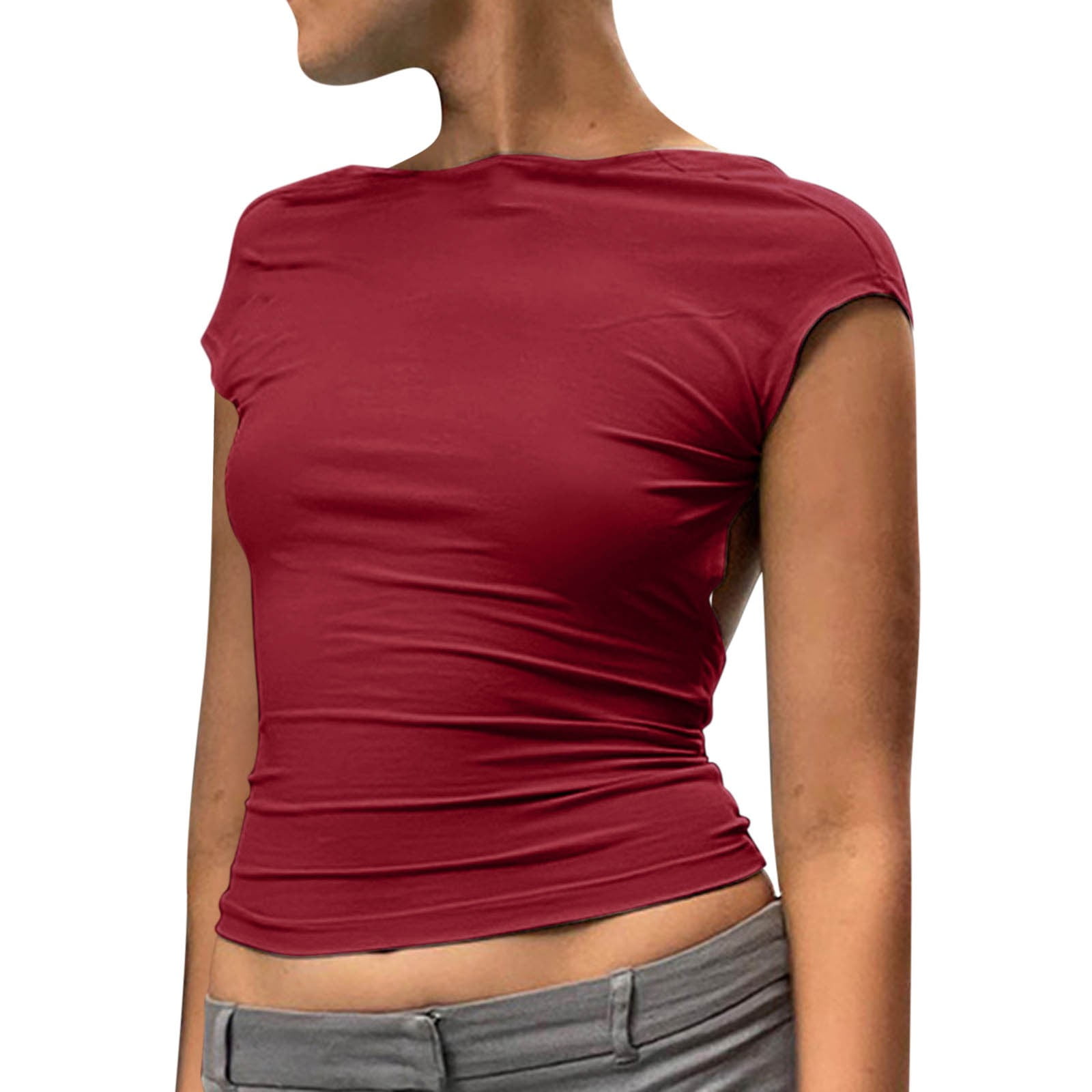 FINALGANG Women's Shirts Solid Color Backless Crop T Shirts Short ...