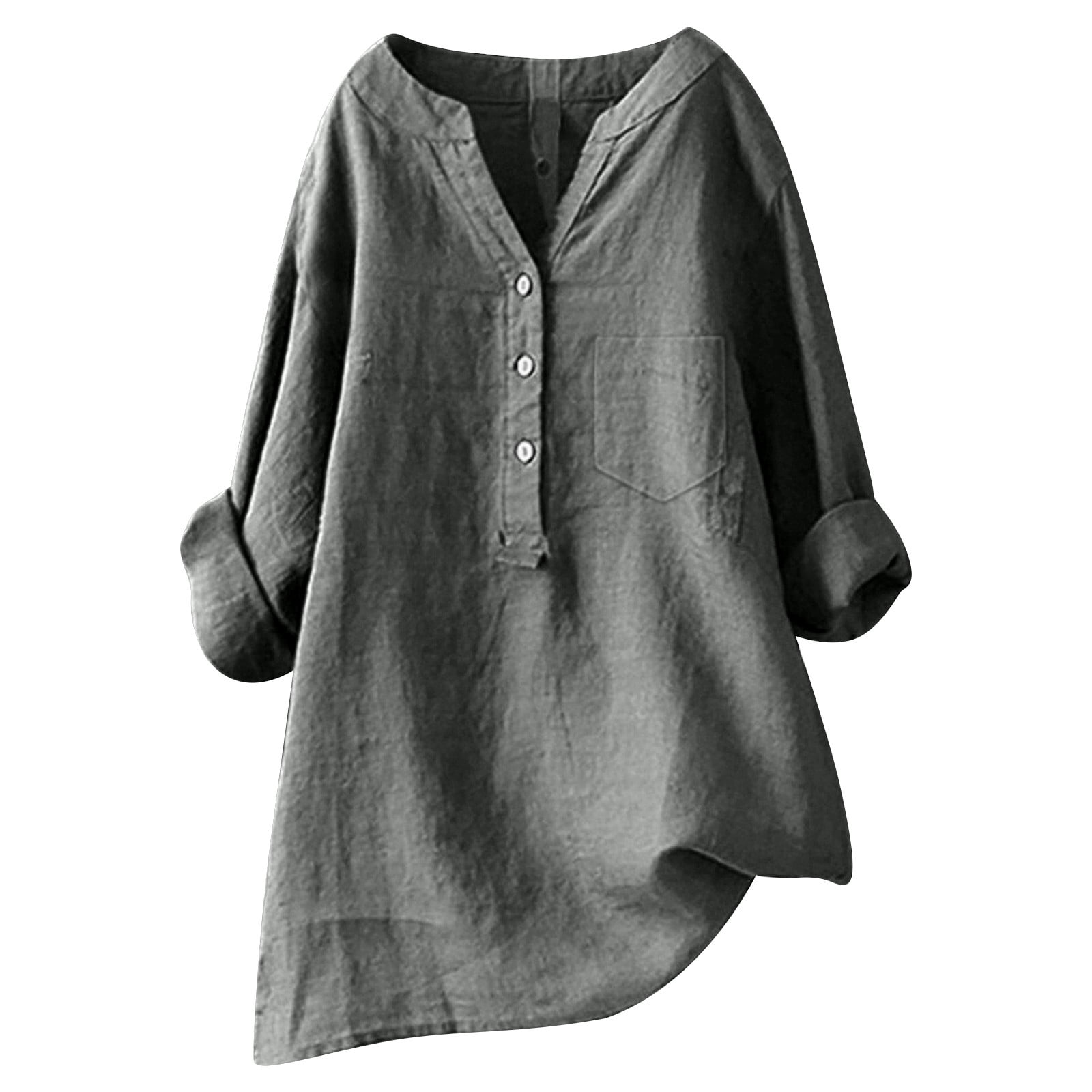 FINALGANG Women's Shirts Solid Color Linen Blouse Henley Button V Neck ...