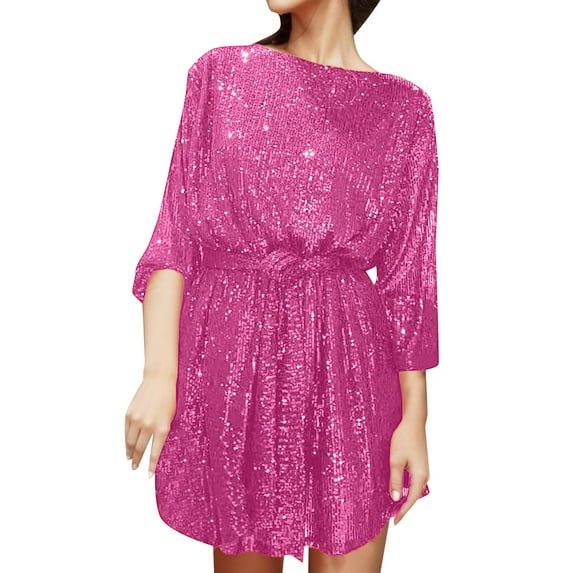 FINALGANG Women's Solid Color Half Sleeve Mini Dress Sequin Boat Neck ...