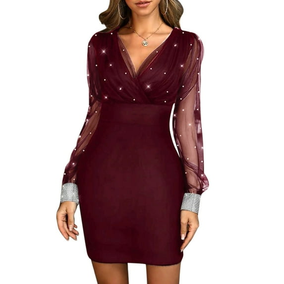 FINALGANG Women's Solid Color Long Sleeve Mini Dress V Neck Sheer ...