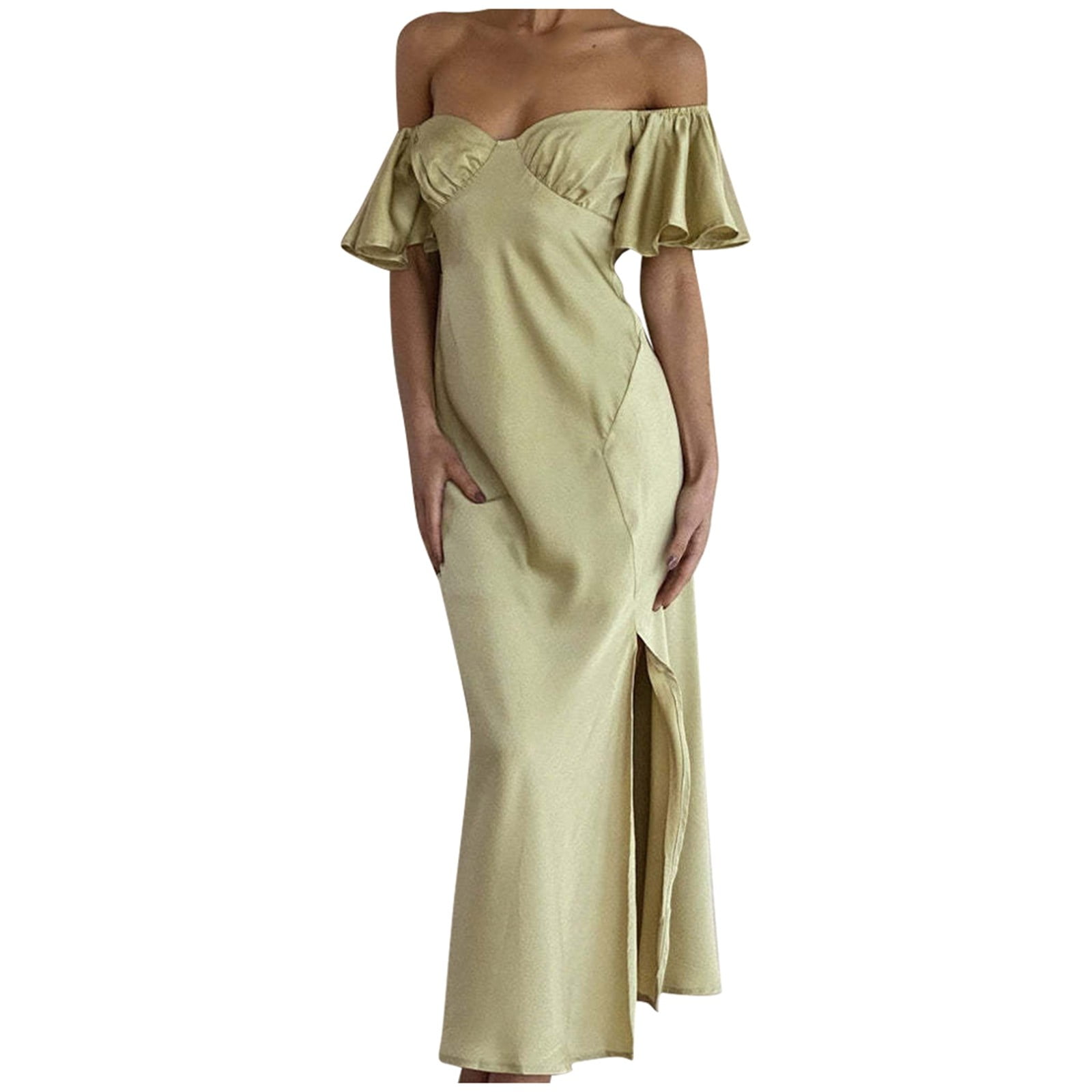 FINALGANG Women's Solid Color Short Sleeve Midi Dress Off Shoulder ...