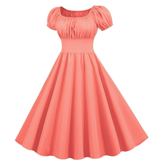 FINALGANG Women's Solid Color Short Sleeve Midi Dress Square Neck Puff ...