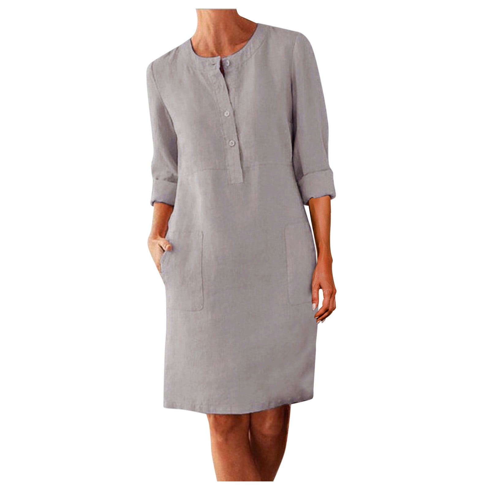 FINALGANG Women's Solid Color Three Quarter Sleeve Midi Dress Henley ...