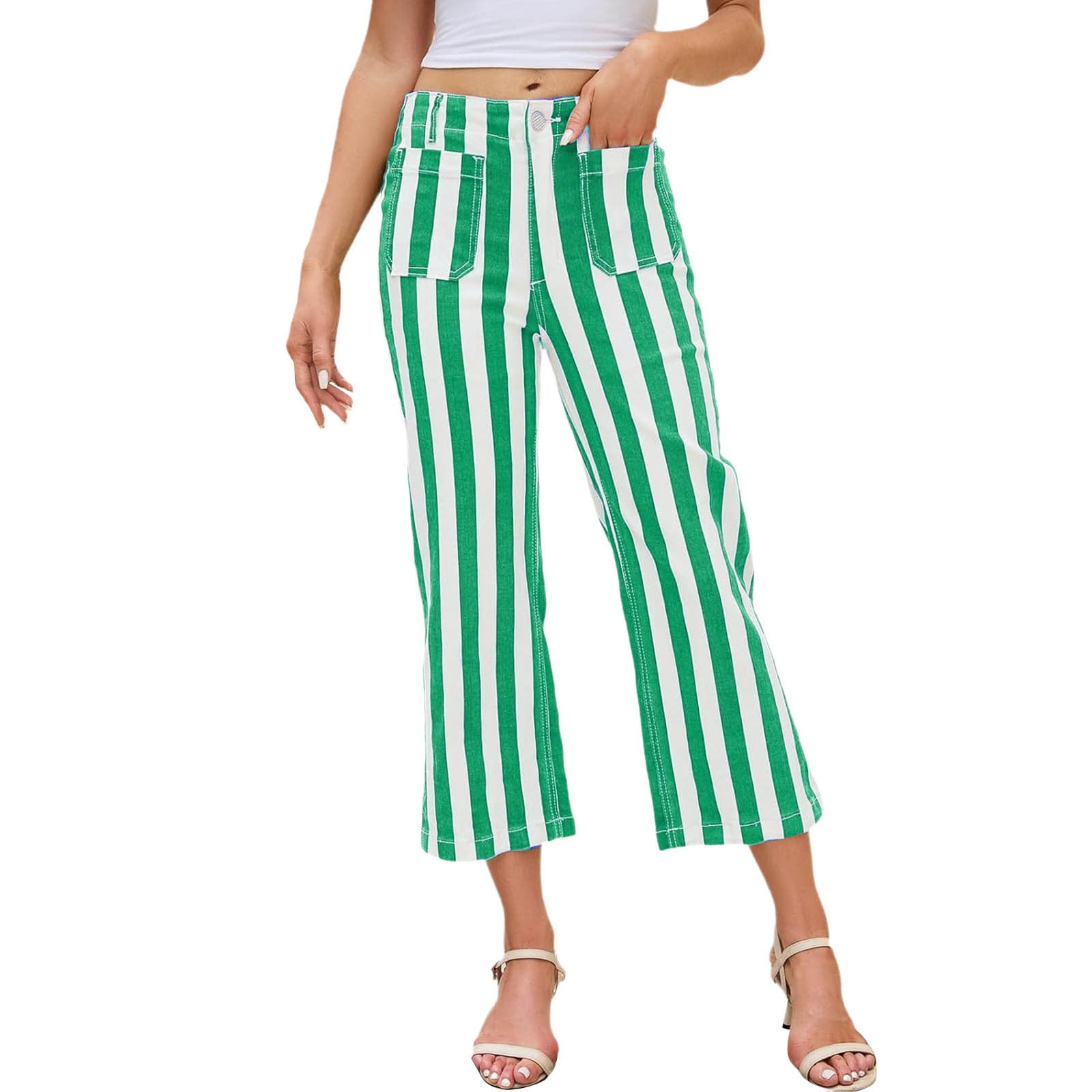 FINALGANG Womens Color Block Striped Cropped Wide Leg Pants With High ...