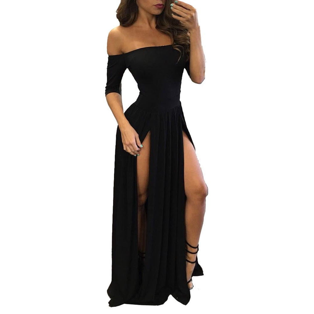 FINALGANG Womens Dress Black Off Shoulder Half Sleeve Maxi Dress With ...