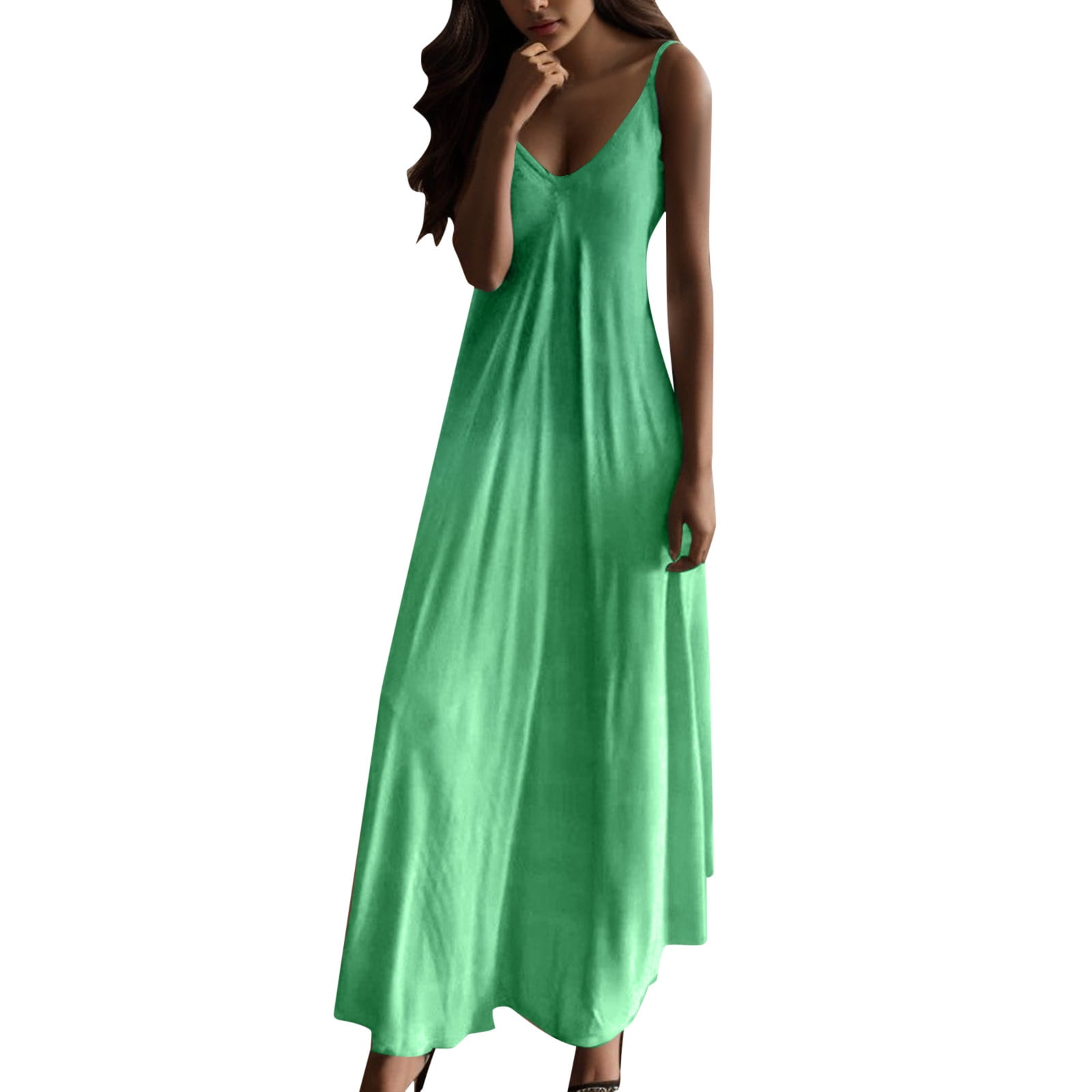 FINALGANG Womens Dress Solid Color Sleeveless Maxi Dress With Spaghetti ...