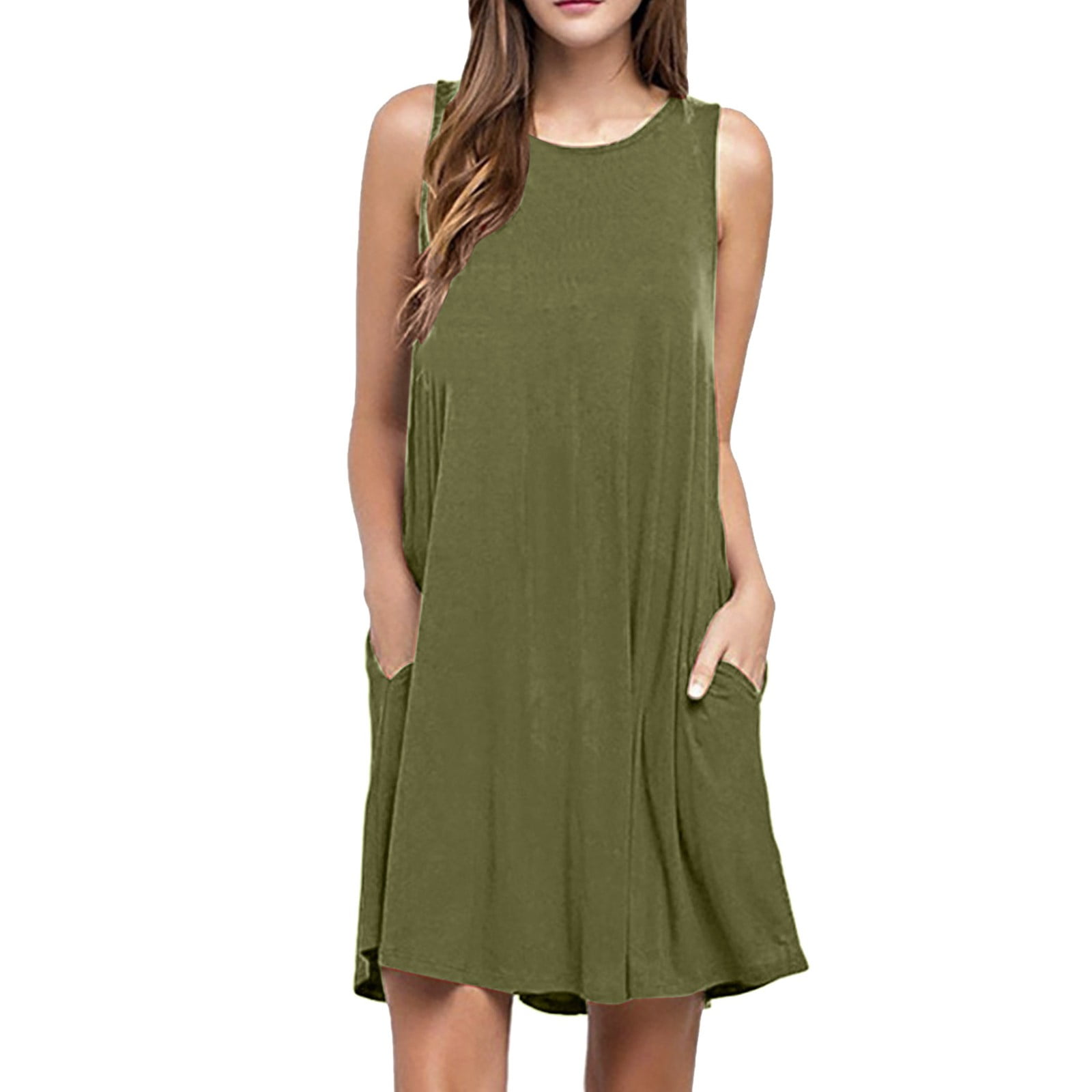 FINALGANG Womens Dress Solid Color Sleeveless Mini Dress With Crewneck ...
