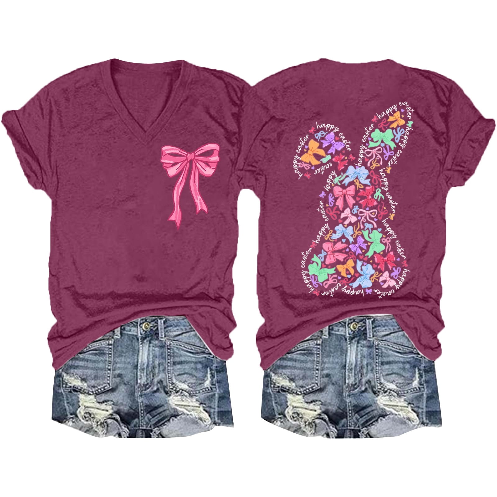 FINALGANG Womens Easter Bunny Bow Print TShirts V Neck Short Sleeve ...