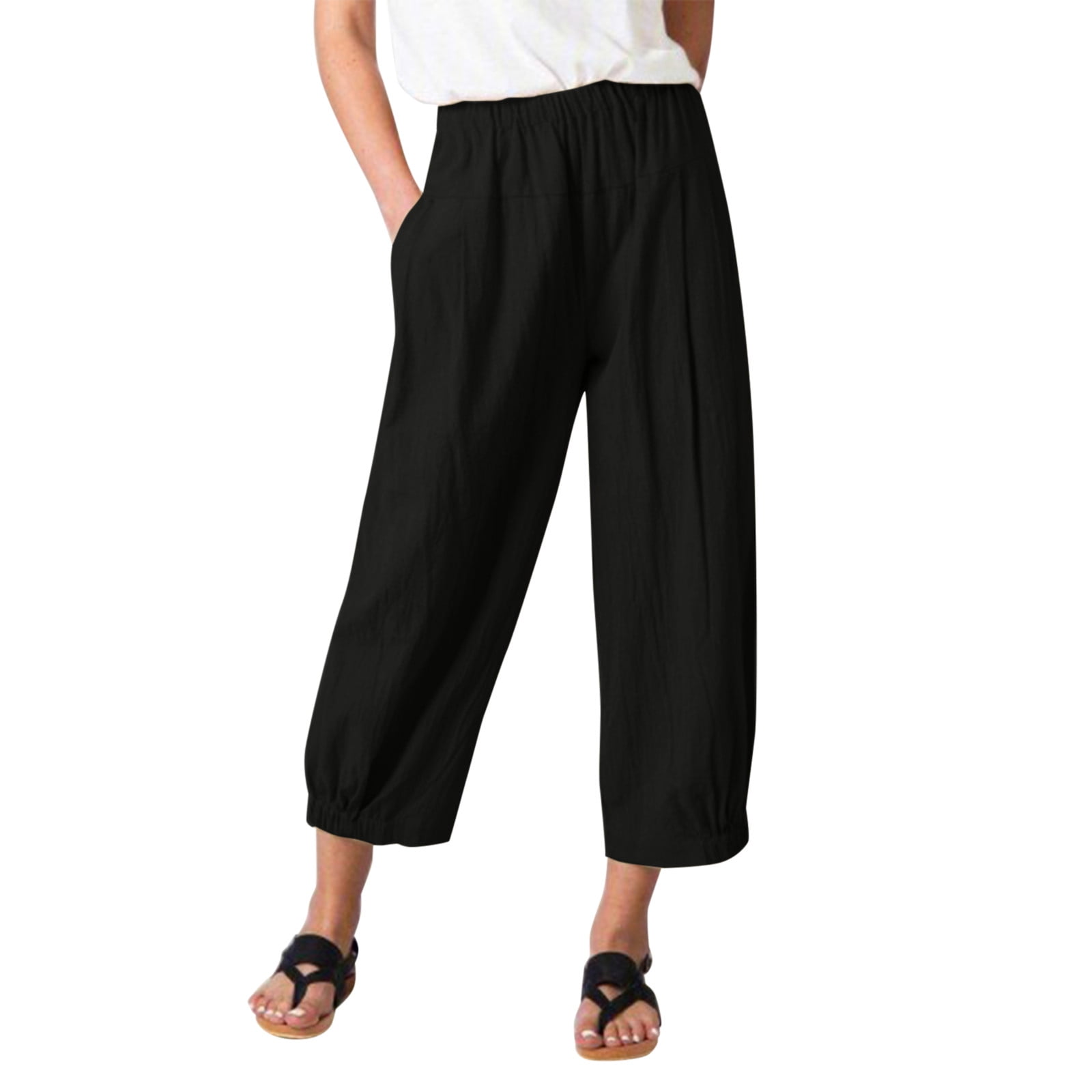 FINALGANG Womens Solid Color Harem Capri Pants With Elastic High Waist ...