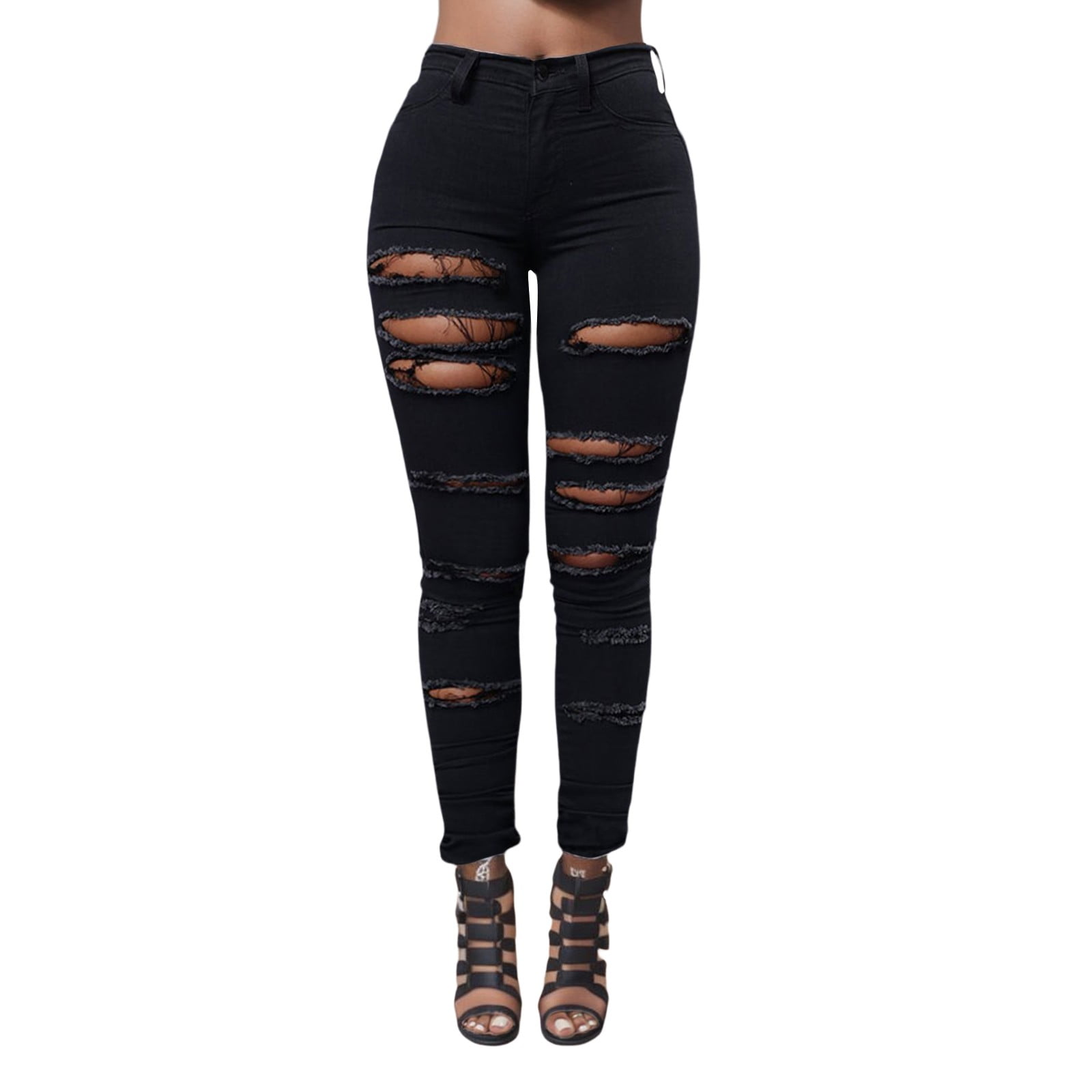 FINALGANG Womens Solid Color High Waisted Distressed Slim Fit Jeans ...