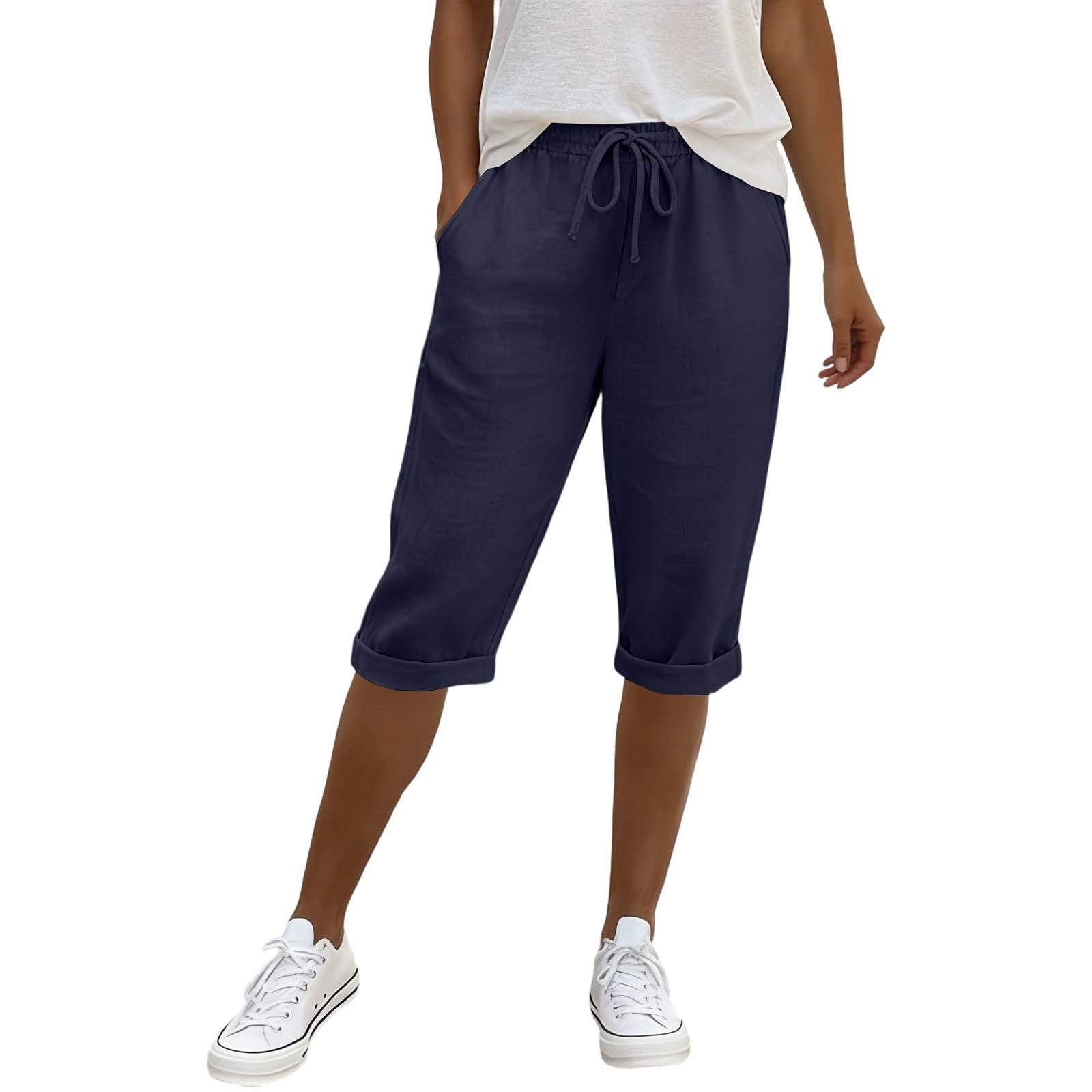 FINALGANG Womens Solid Color Knee Length Capris Elastic Drawstring ...