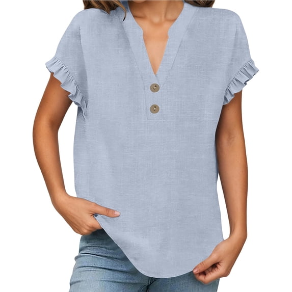 FINALGANG Womens Solid Color Notched V Neck Short Sleeve Loose Fit ...