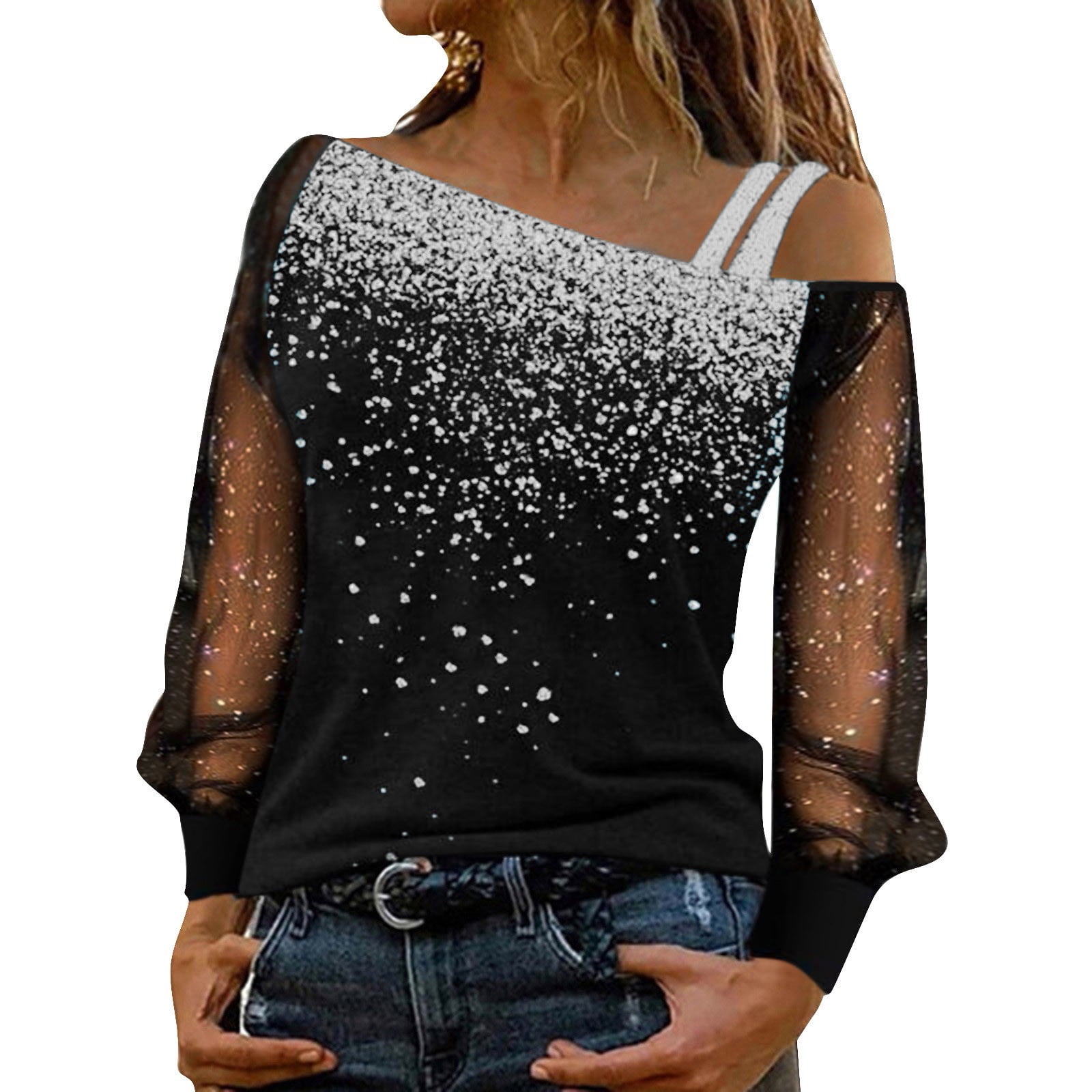 FINALGANG Womens T Shirt Gradient Asymmetric Neckline Sheer Mesh Long ...