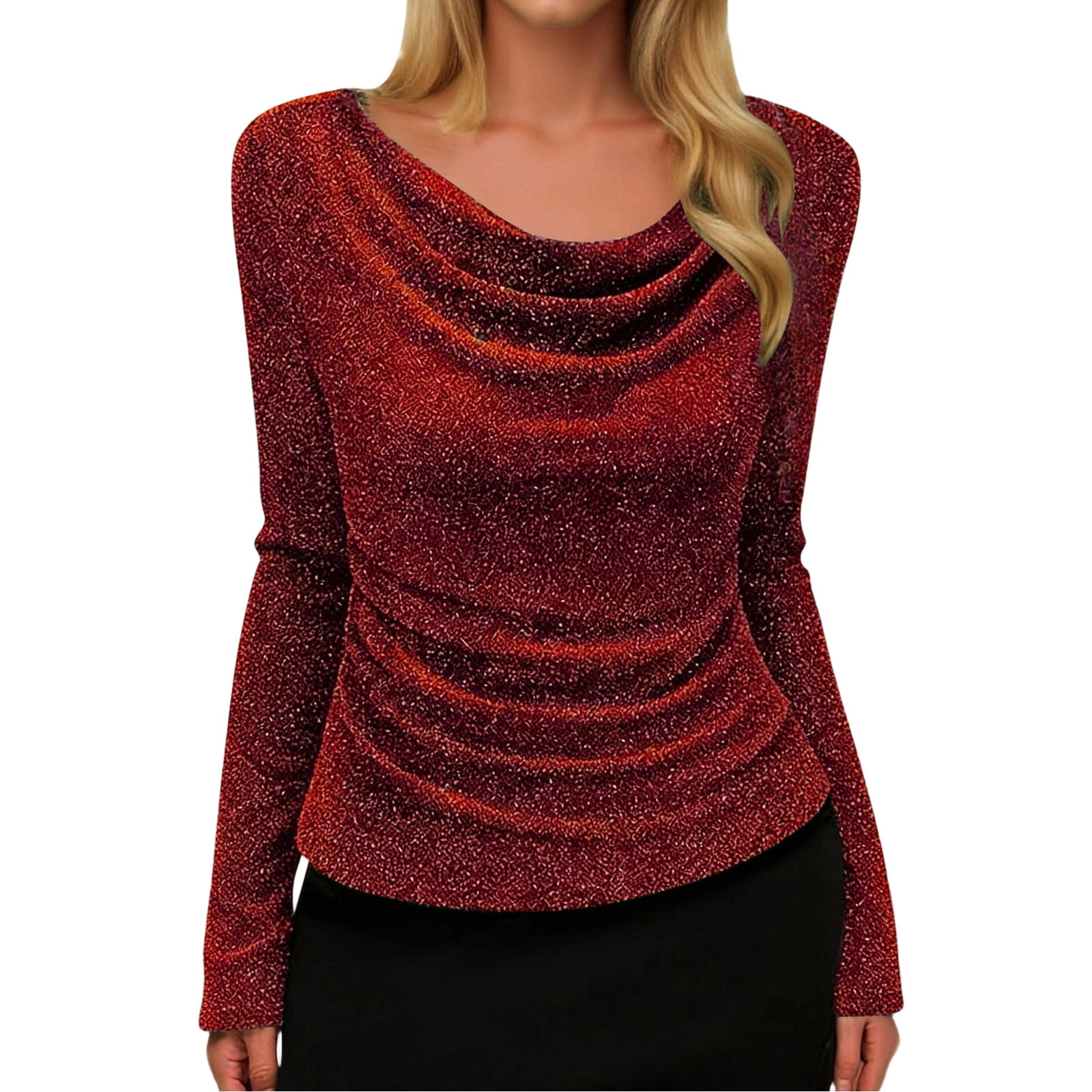 FINALGANG Womens T Shirt Solid Color Glitter Cowl Neck Long Sleeve ...