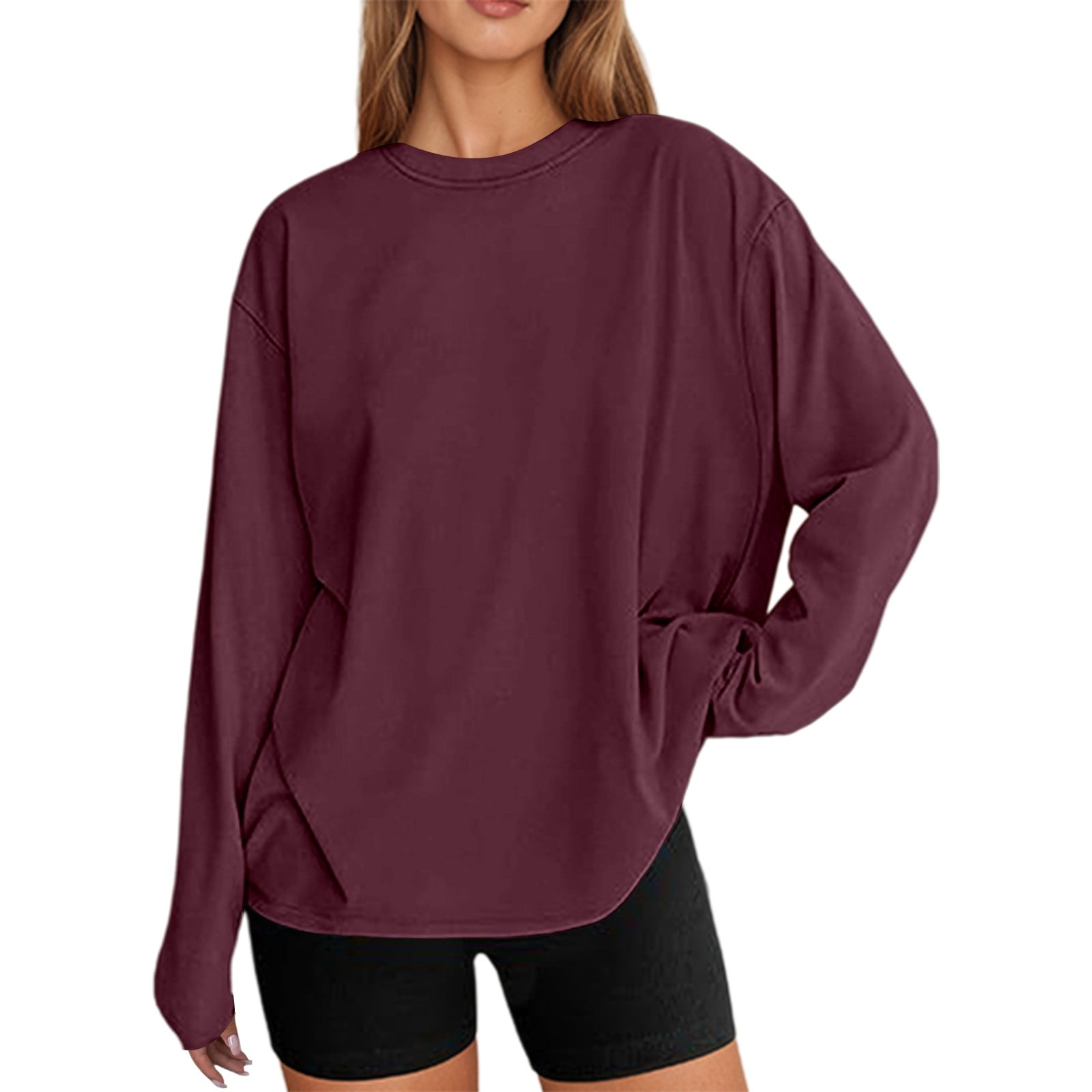 FINALGANG Womens T Shirt Solid Color Oversized Sweatshirt Long Sleeve ...
