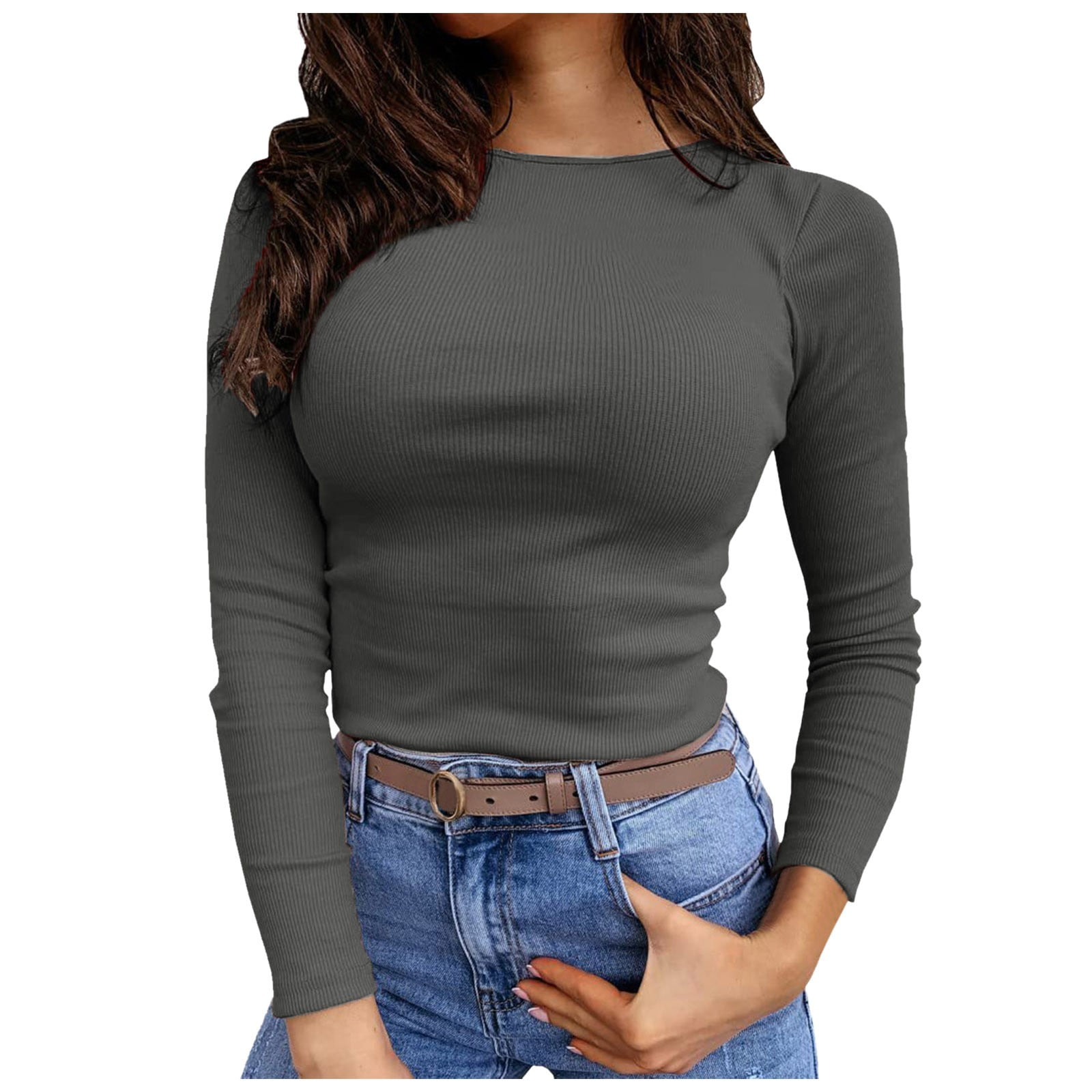 FINALGANG Womens T Shirt Solid Color Ribbed Knit Long Sleeve Blouse ...