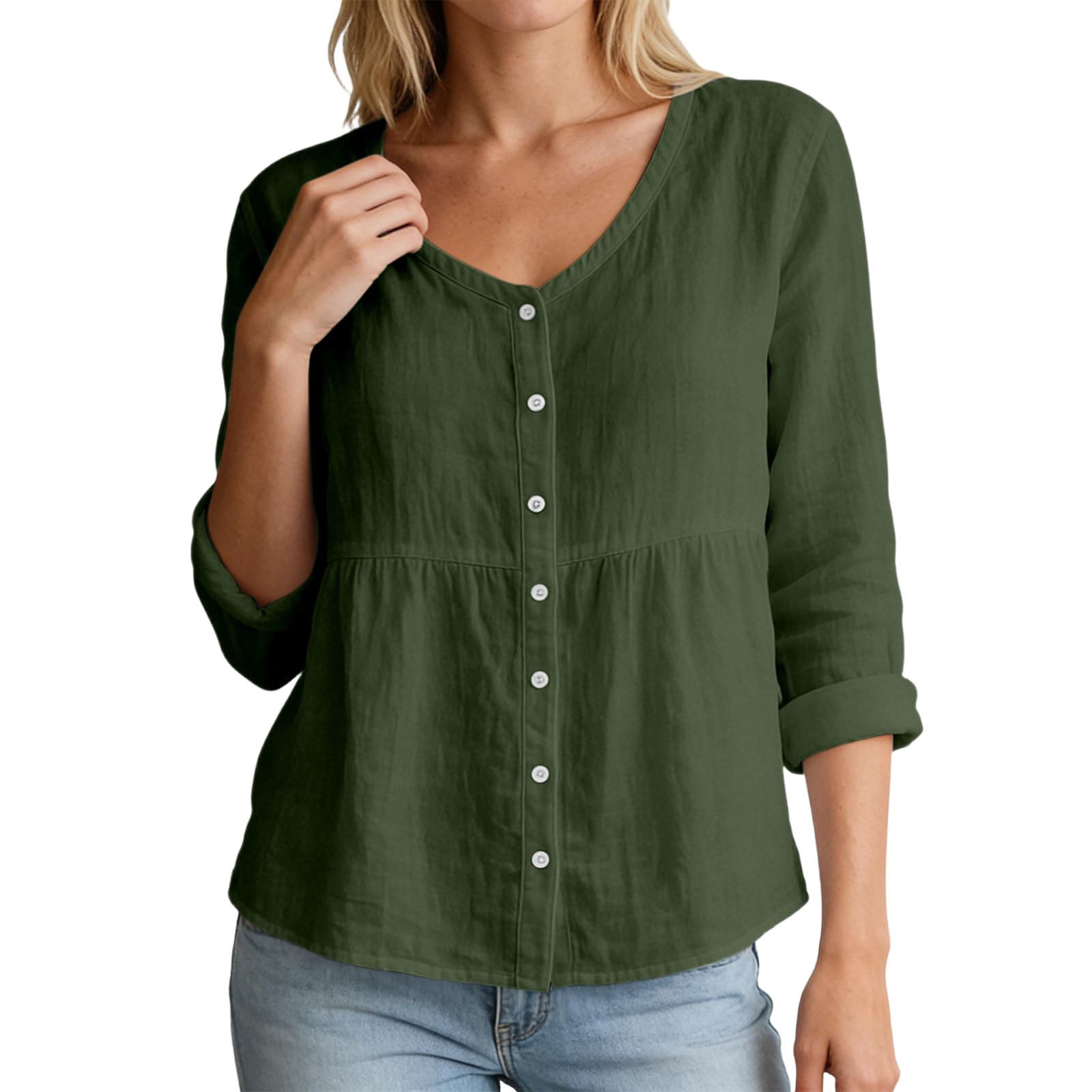 FINALGANG Womens V Neck Three Quarter Sleeve Loose Fit Button Down ...