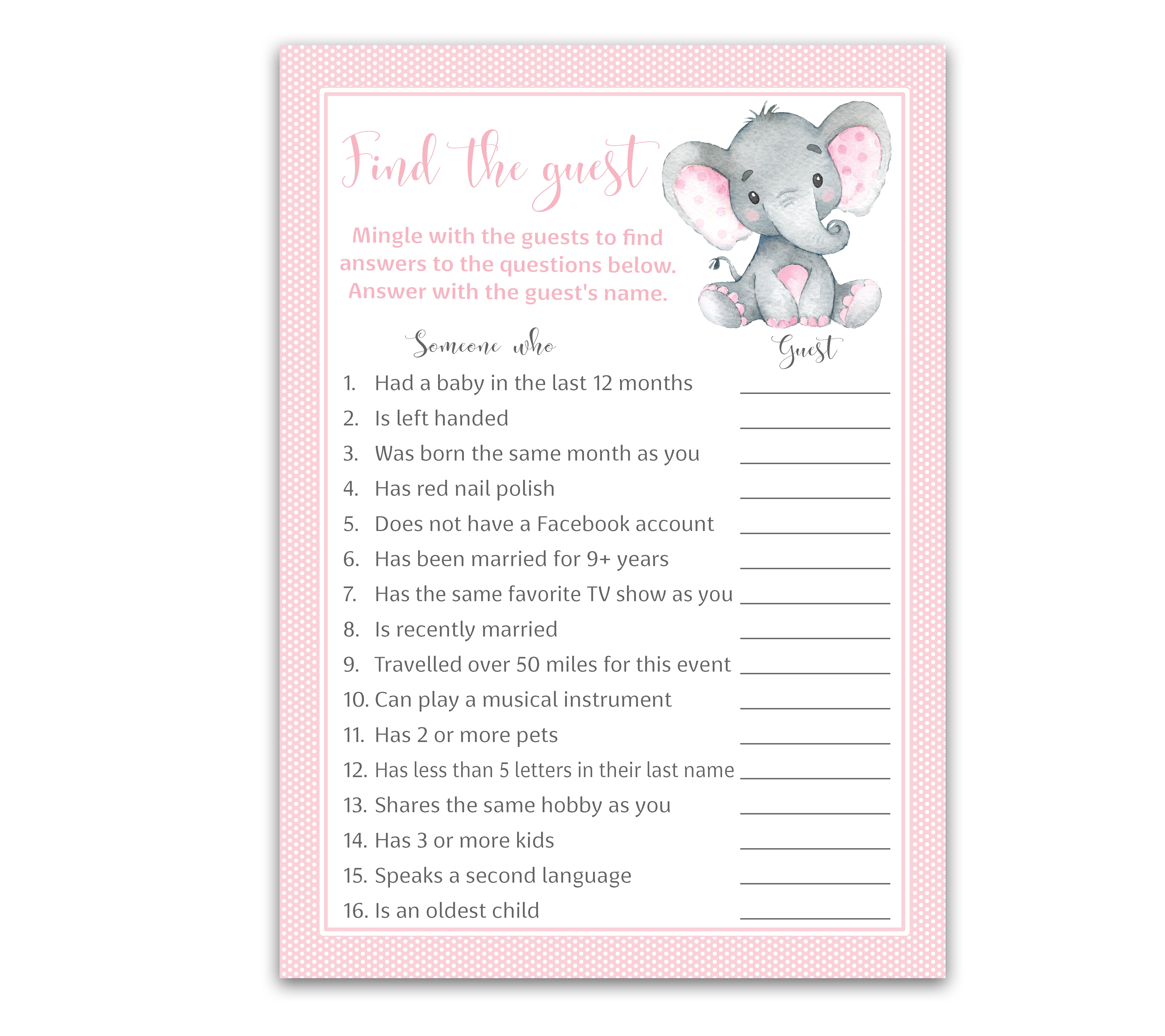 FIND THE GUEST Baby Shower Game — Pack of 25 — GIRL Baby Shower Game ...