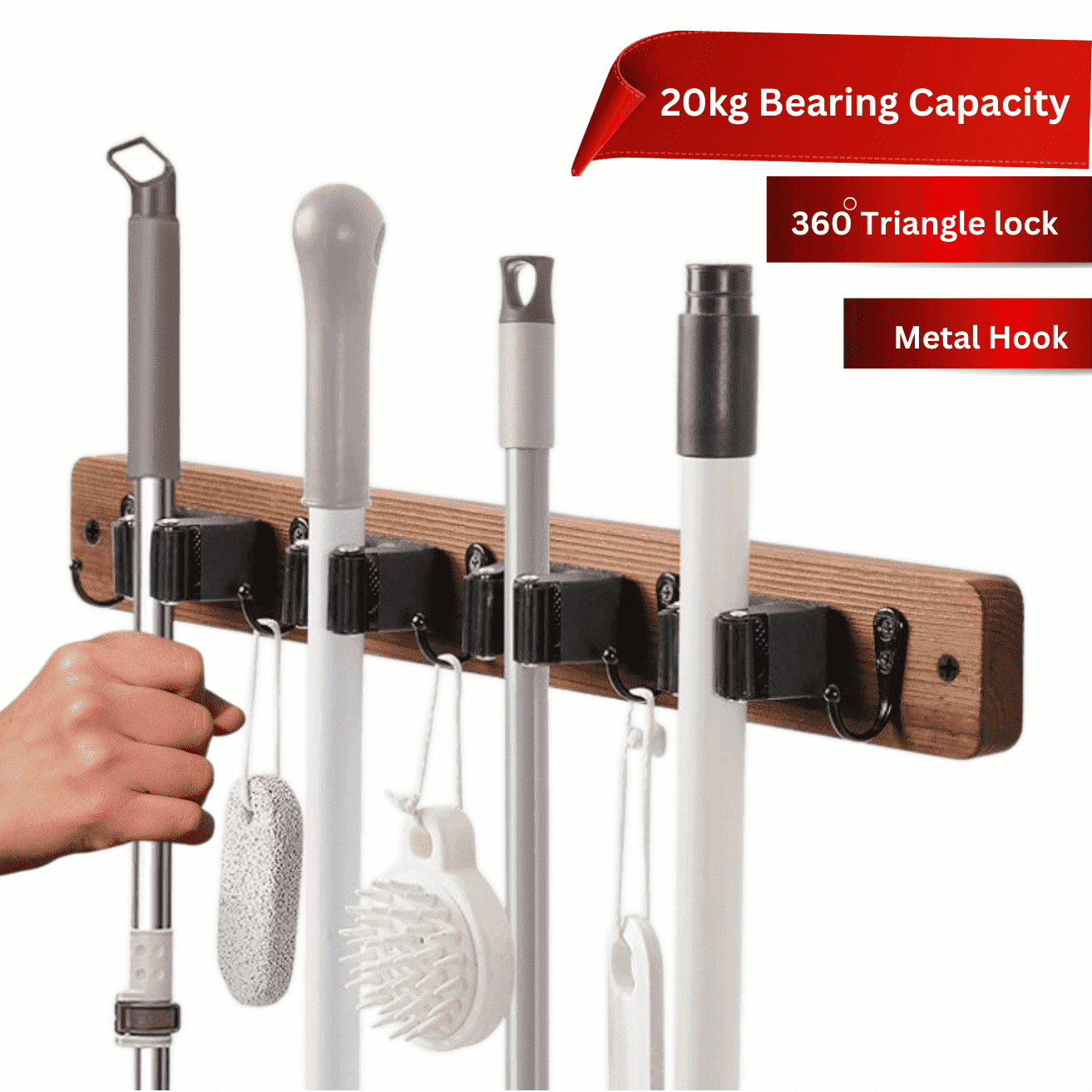 FINDAMAZE Wooden Wall-Mounted Mop Organizer, 4 Slots, 3 Hooks, Heavy ...