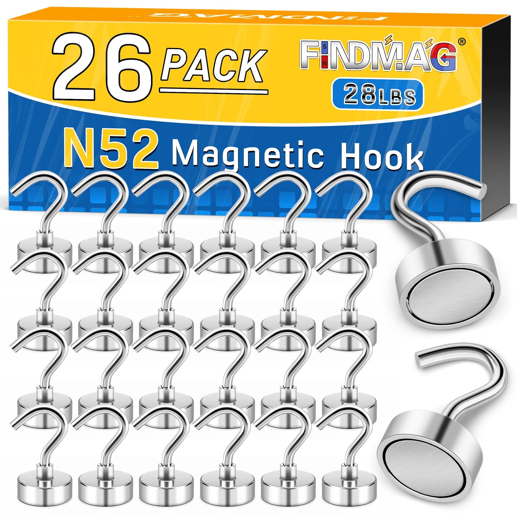 FINDMAG 26 Pack N52 Magnetic Hooks, 28 Lbs Neodymium Magnet Hooks Heavy ...
