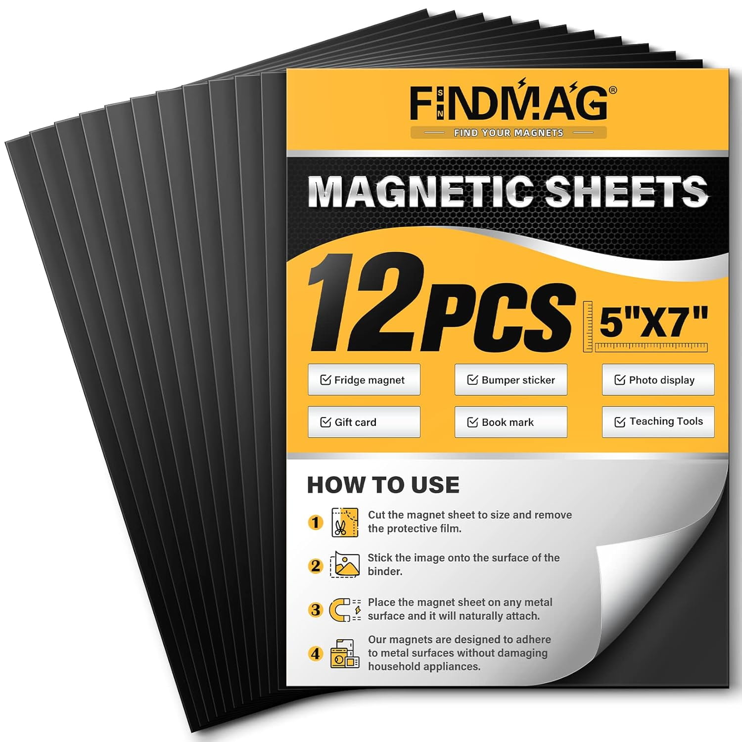 FINDMAG Magnet Sheets Adhesive, 5" x 7" 12 Pack Magnetic Stickers with ...
