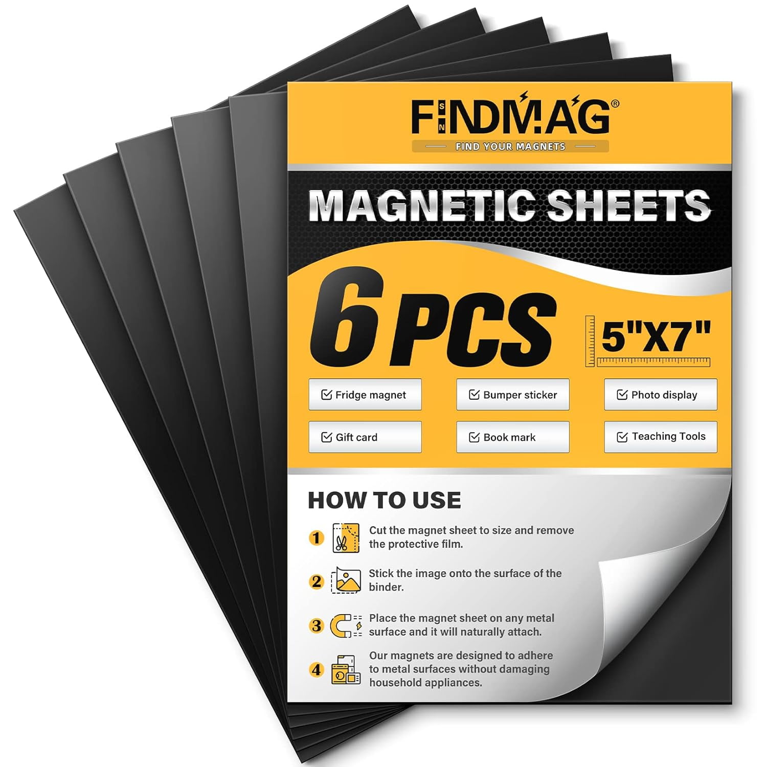 FINDMAG Magnetic Adhesive Sheets, 6 Pack Each 5" x 7" Flexible Magnet ...