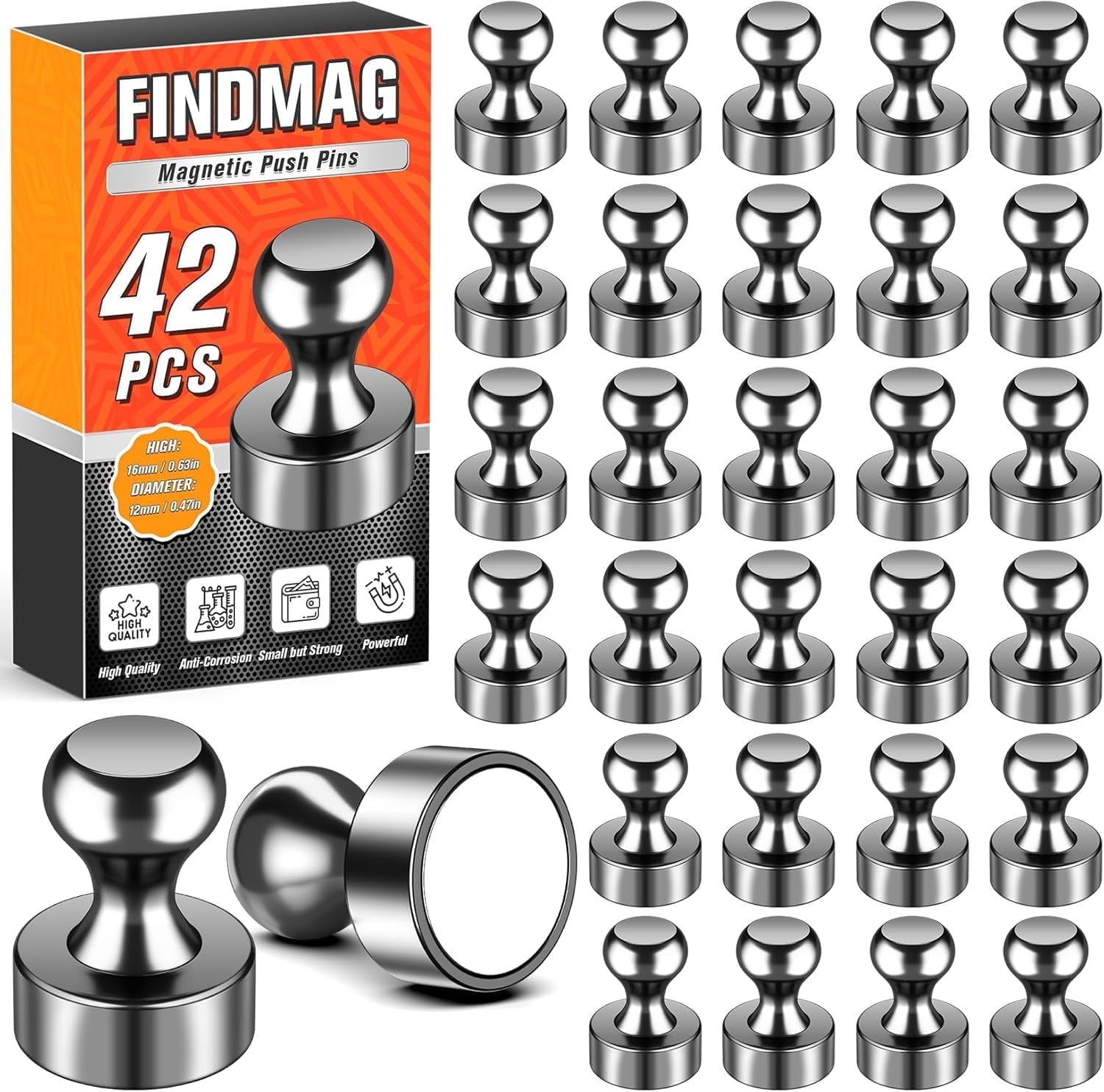 FINDMAG Magnetic Push Pins, 42 Pack Fridge Magnets, Neodymium Push Pin ...
