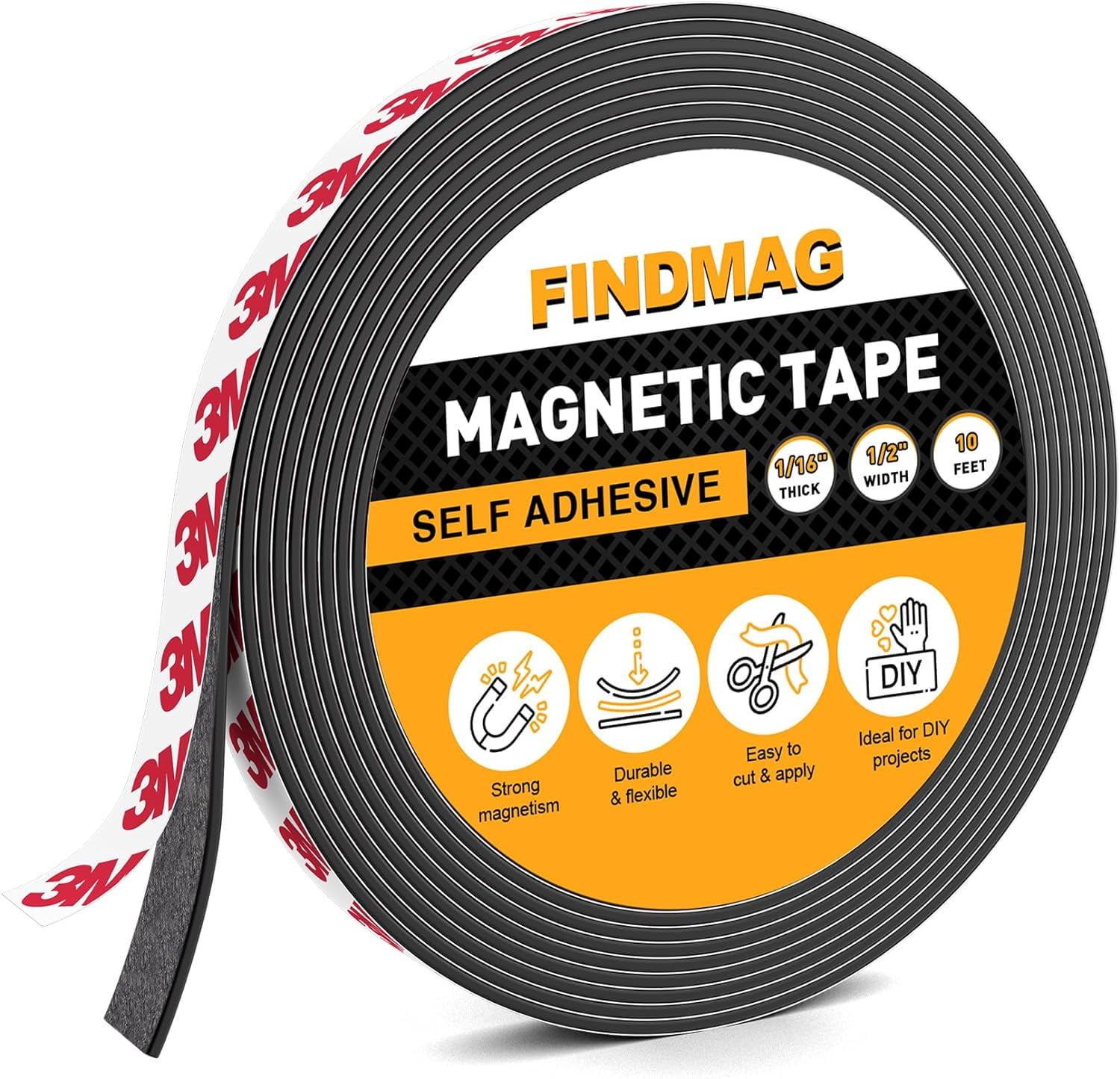 FINDMAG Magnetic Tape 10 Feet Flexible Magnetic Strip with Strong 3M ...