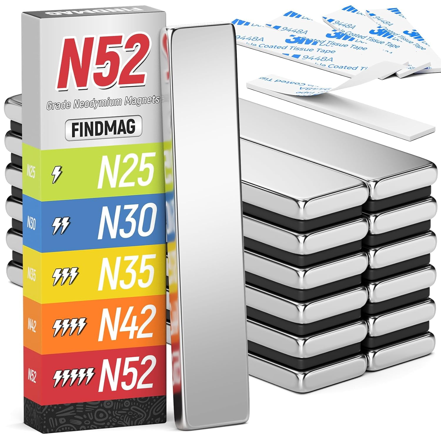 FINDMAG N52 Rare Earth Neodymium Magnets, Bar Magnets with Double-Sided ...